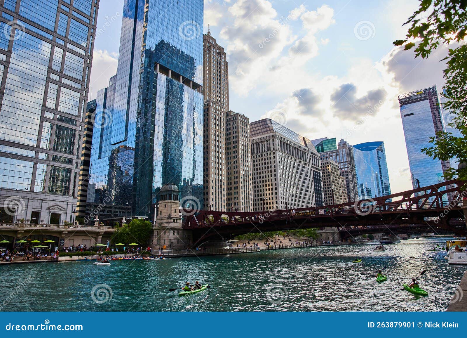 Bridge Across Chicago Ship Canals with Reflective Skyscrapers Stock ...
