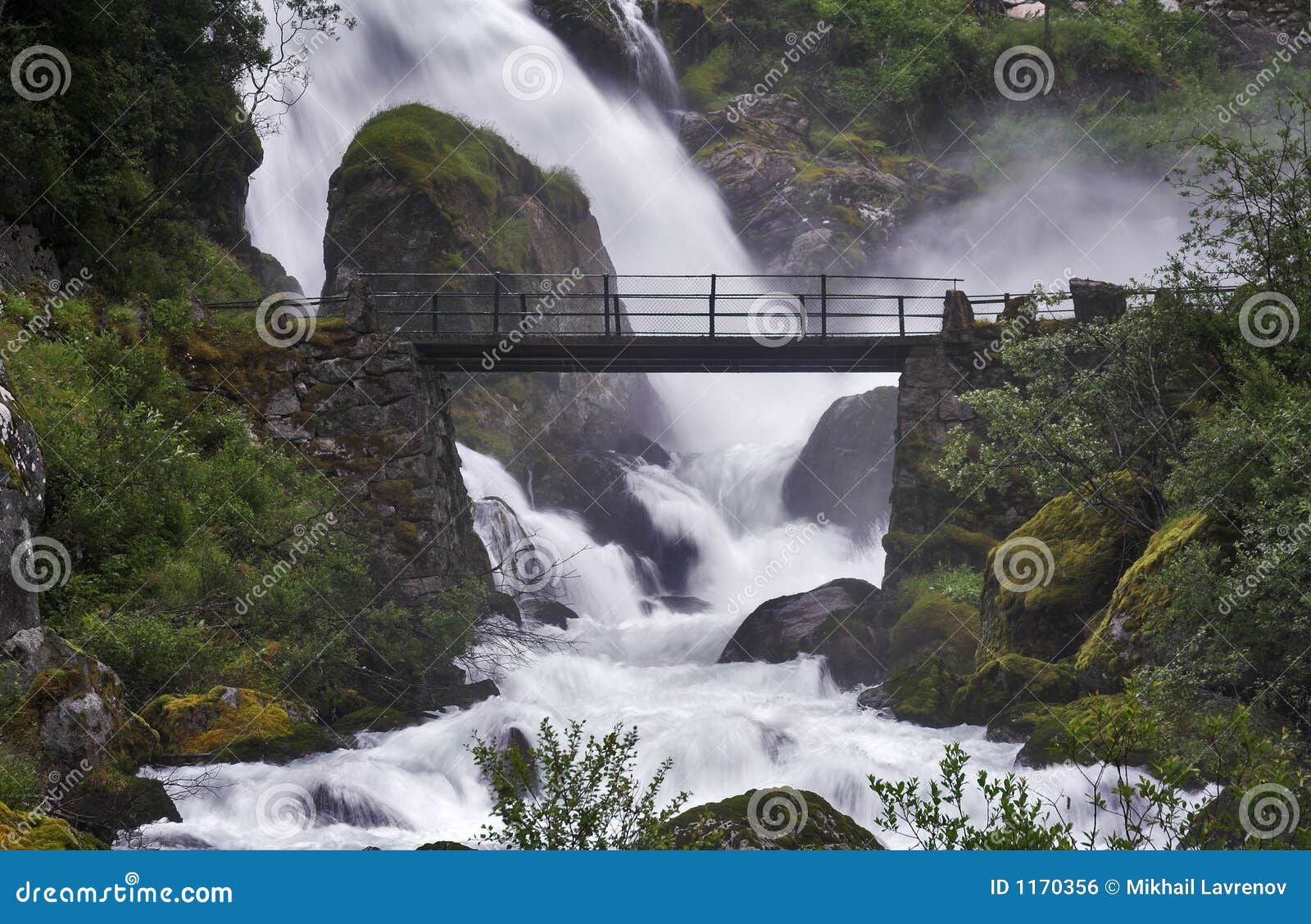 Bridge Across the Stream Near a Powerful Waterfall Stock Photo - Image ...