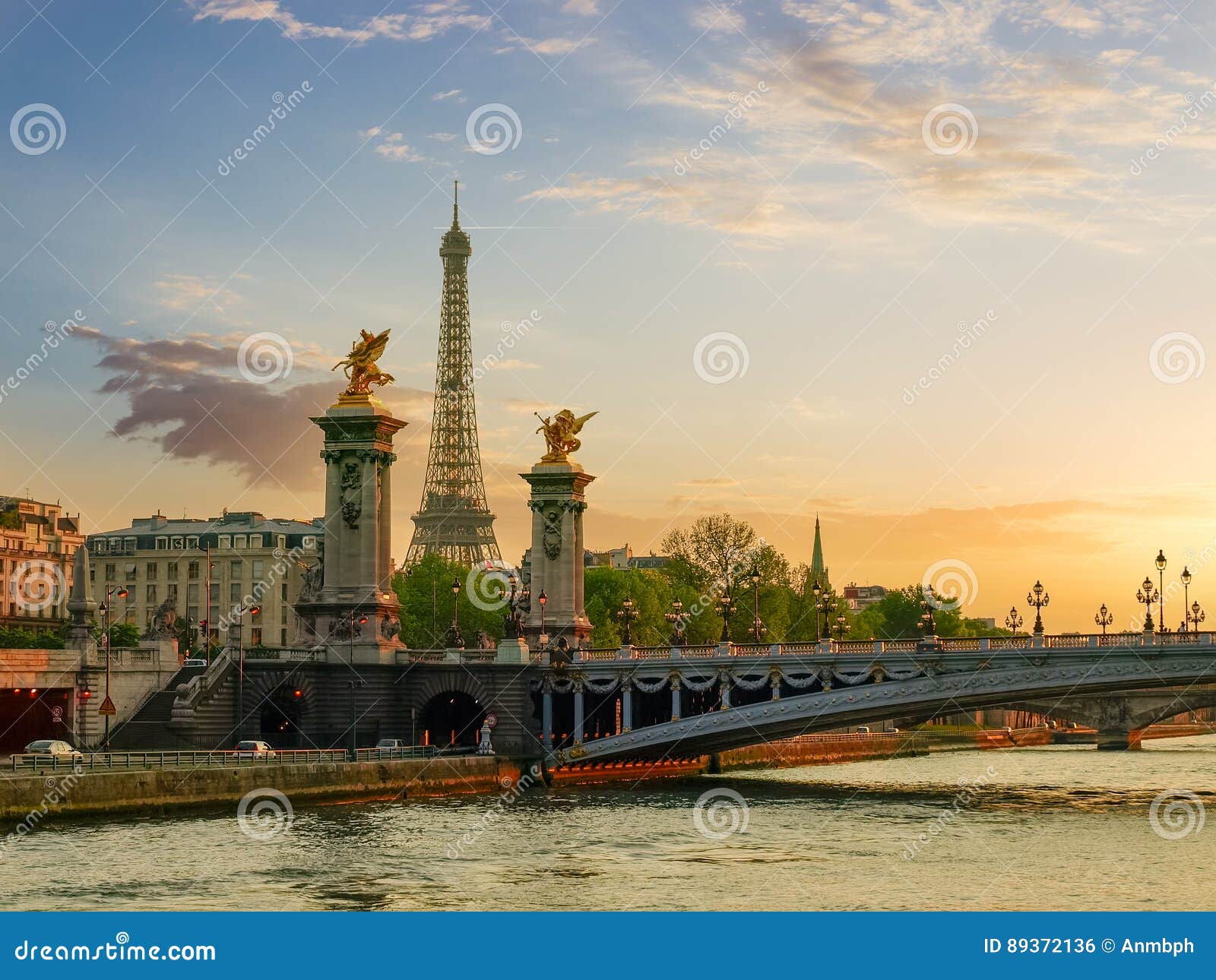 Bridge Alexander III and Eiffel Tower in Paris at Sunset Stock Photo ...