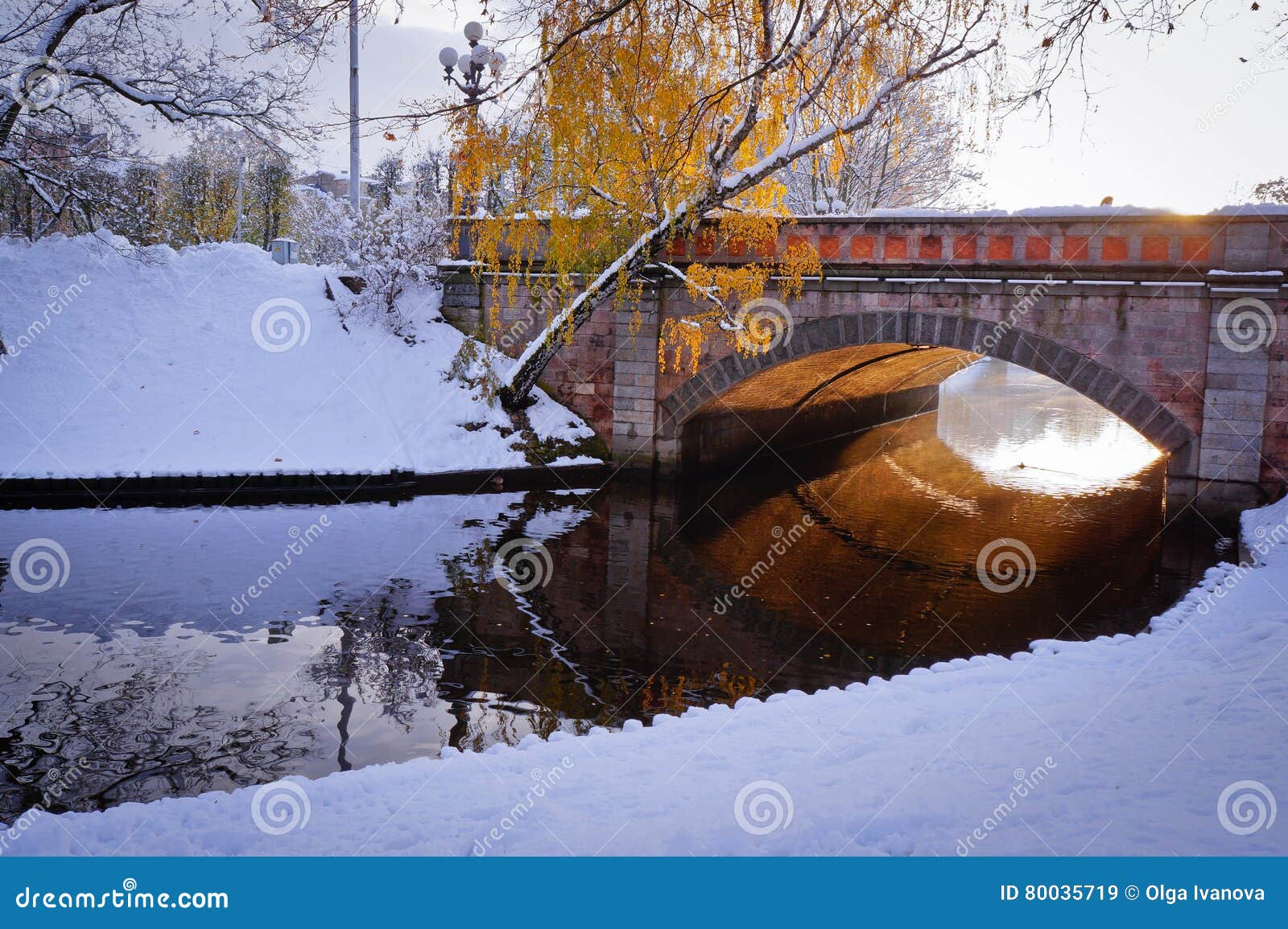 A Bridge from Autumn To Winter Stock Image - Image of reflections ...