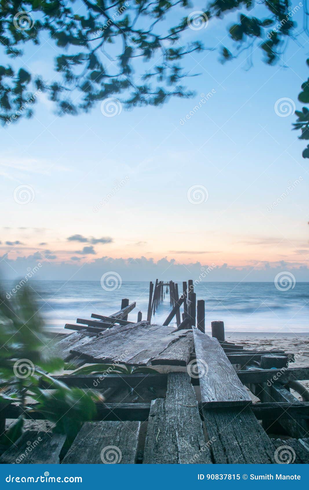 Bridge on Beach at Sunset Time Long Exposure Stock Image - Image of ...