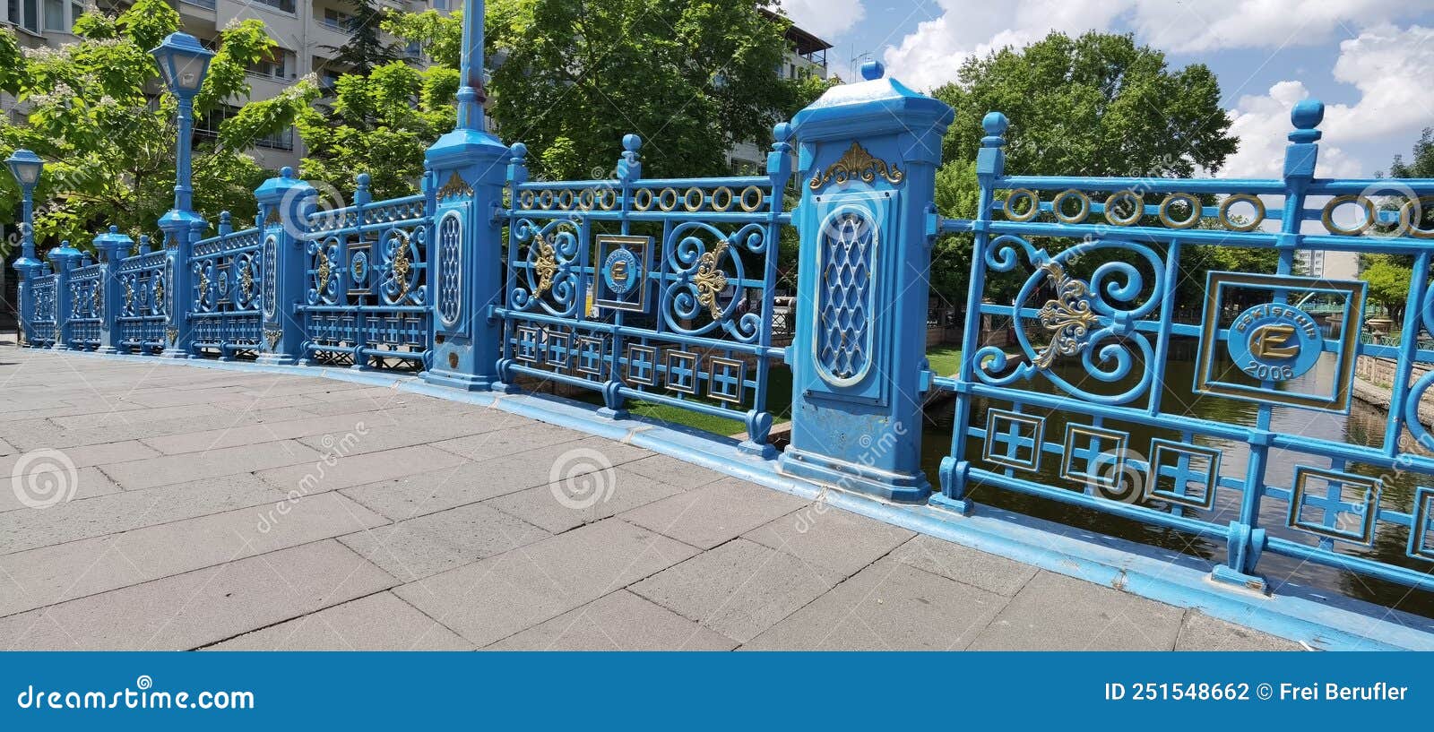 A Bridge with Bright Blue Railings Stock Photo - Image of design ...