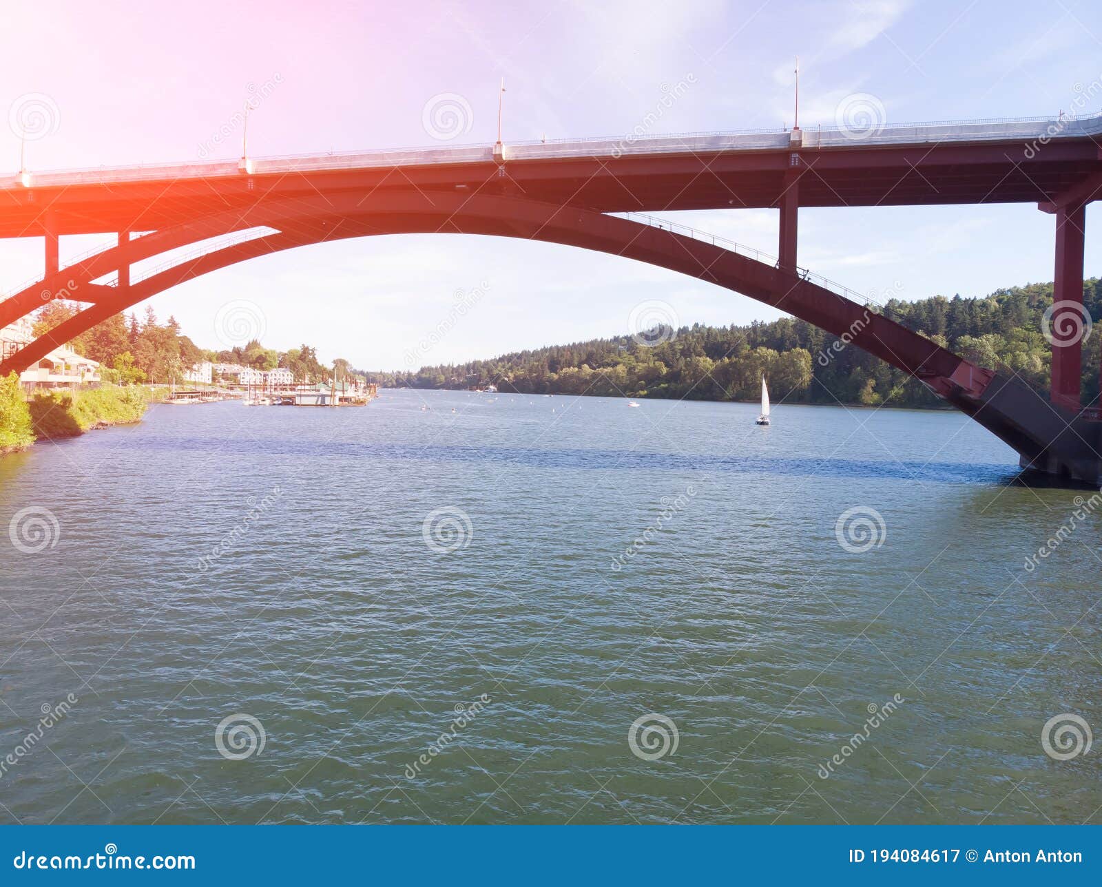 Bridge in the City at Sunset Aerial View Stock Image - Image of drone ...