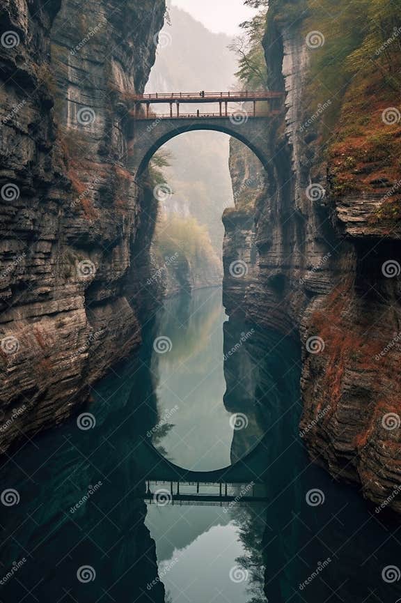 A Bridge Connecting Two Cliffs Over a River Stock Illustration ...