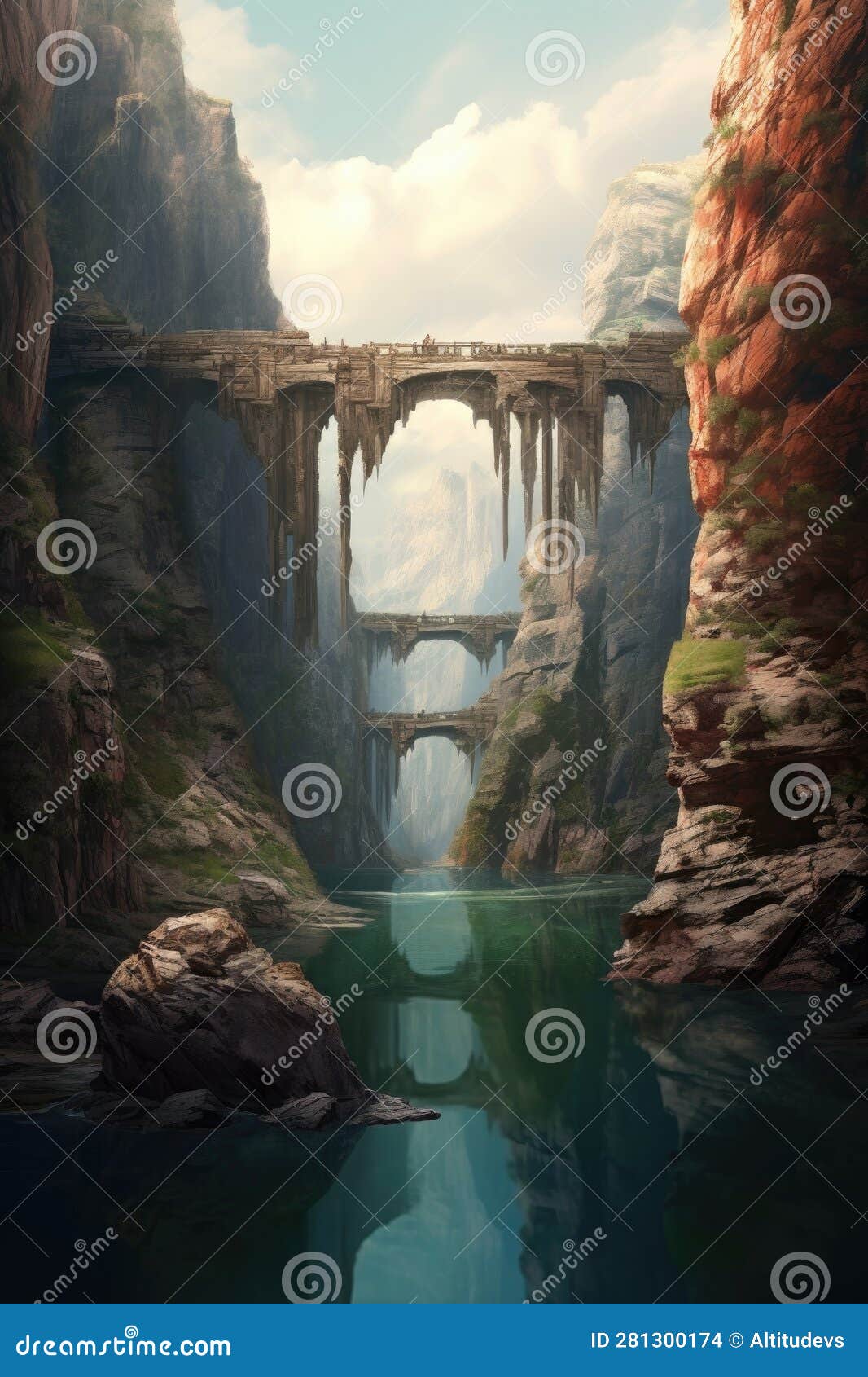 A Bridge Connecting Two Cliffs Over a River Stock Illustration ...