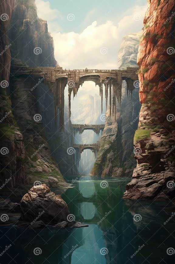 A Bridge Connecting Two Cliffs Over a River Stock Illustration ...