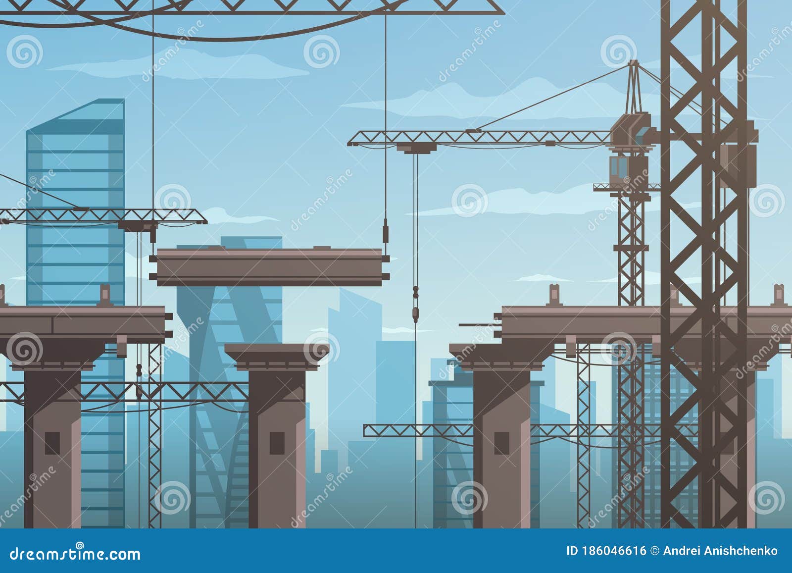 Bridge Construction Process On City Background Vector Illustration ...