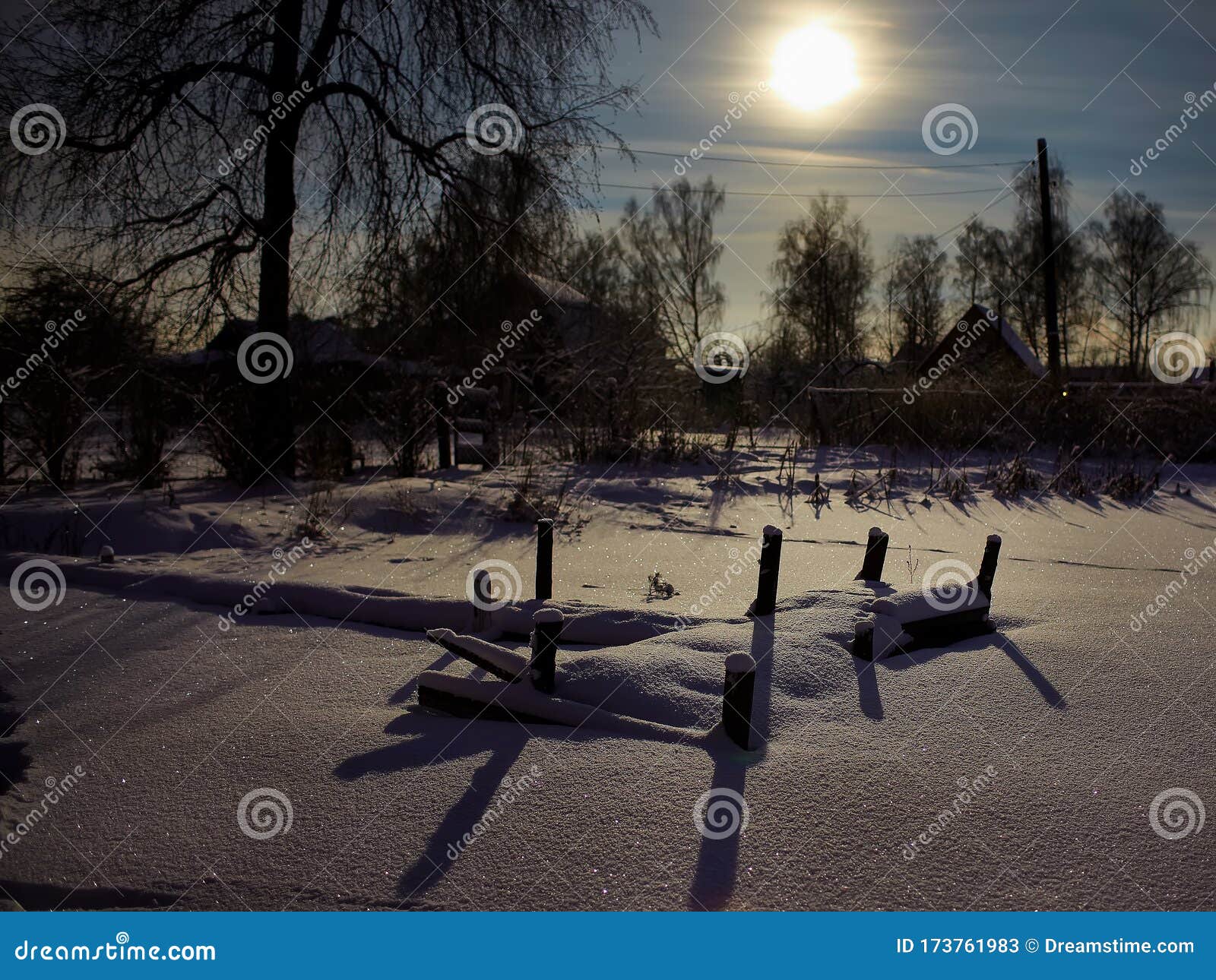 The Bridge Covered with Snow, Winter Night. the Moon in the Sky Stock ...