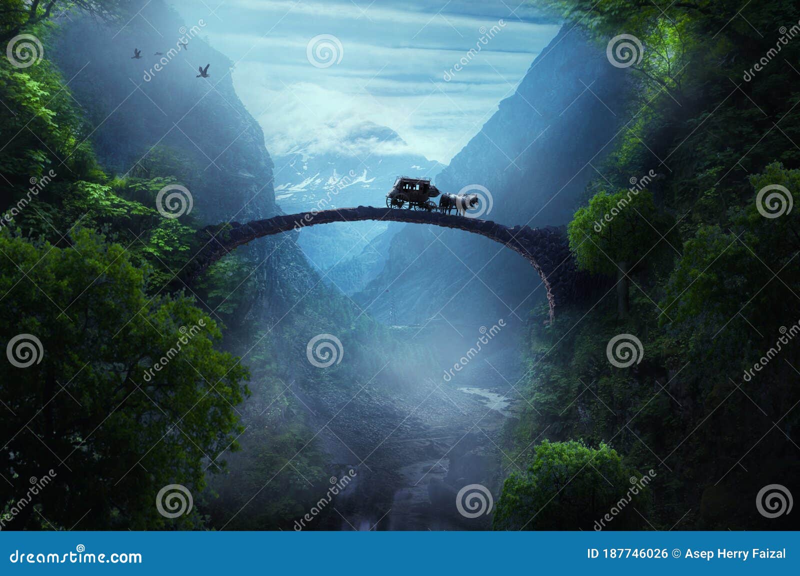 Bridge in the Fantasy Forest with Fog Stock Photo - Image of clouds ...