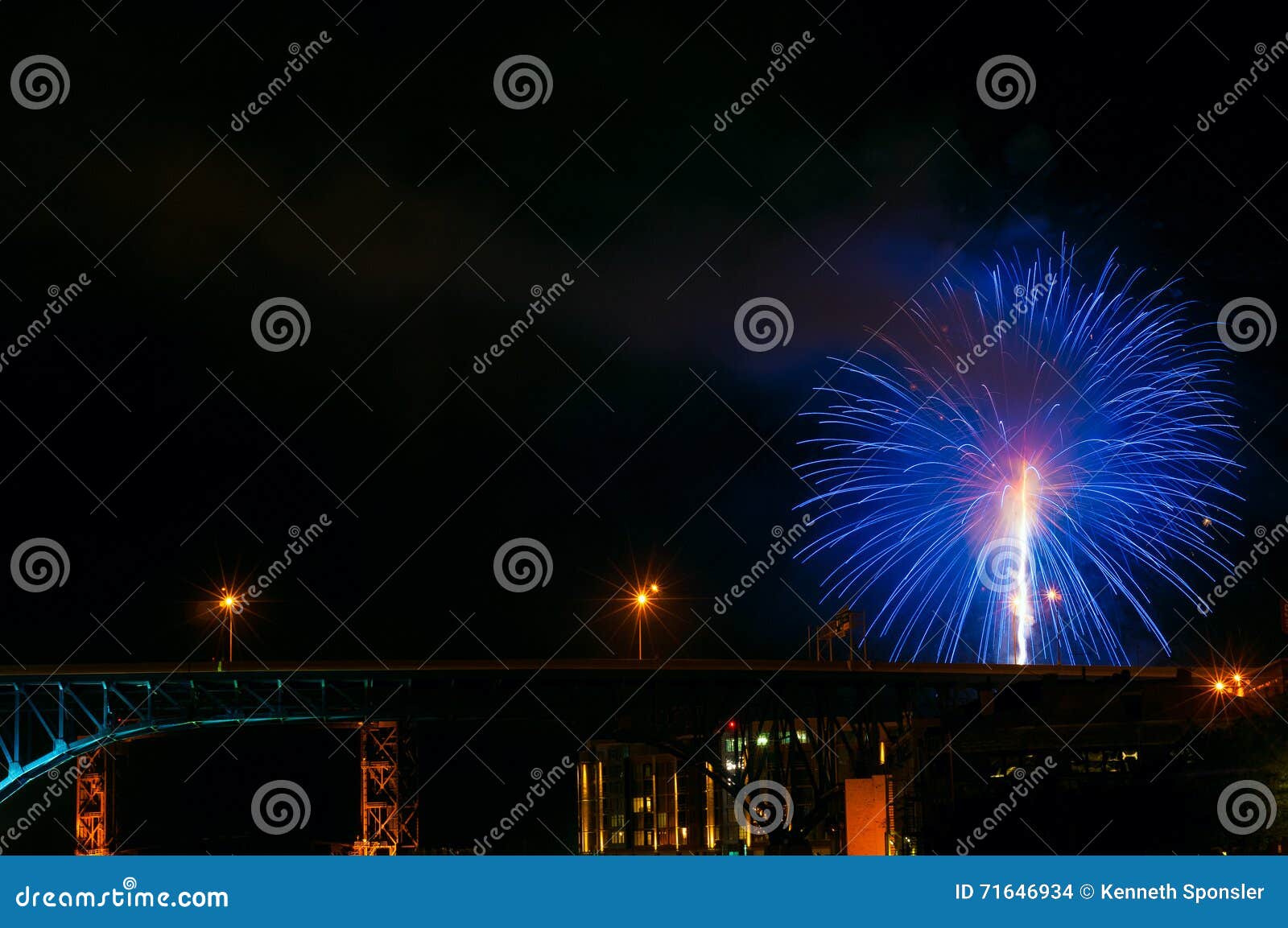 Bridge and firework stock photo. Image of fireworks, evening - 71646934