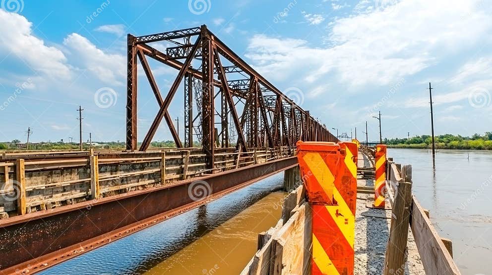 Bridge Framework Extending Over Water with Construction Equipment Stock ...