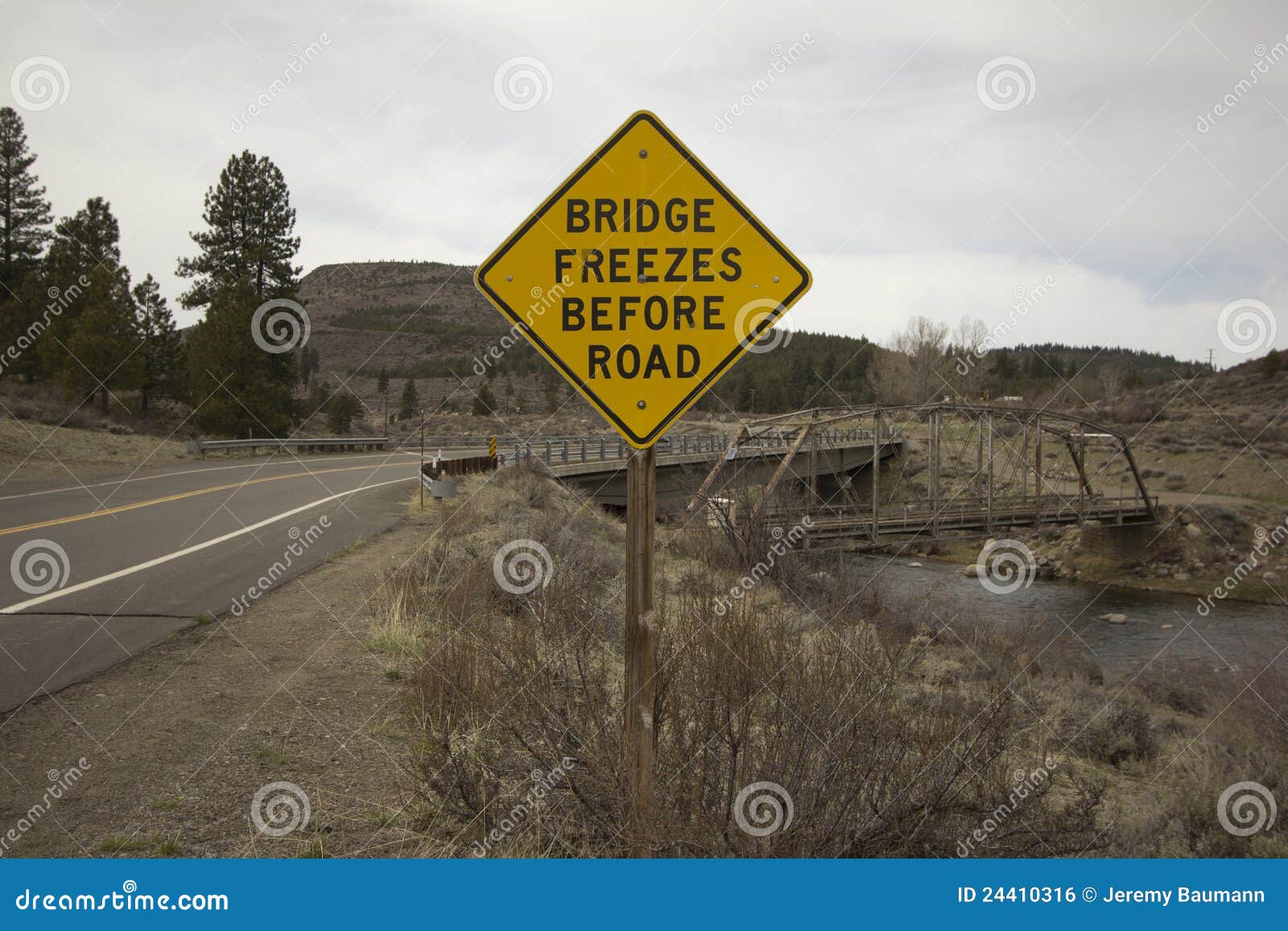 Bridge Freezes before Road Sign Next To River Stock Photo - Image of ...
