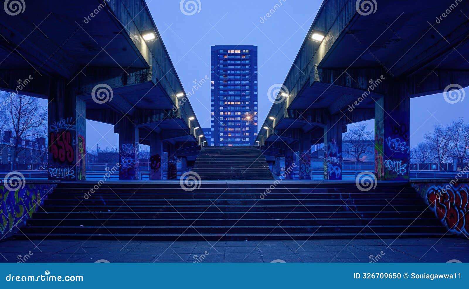 A Bridge with Graffiti on it and a Tall Building in the Background ...