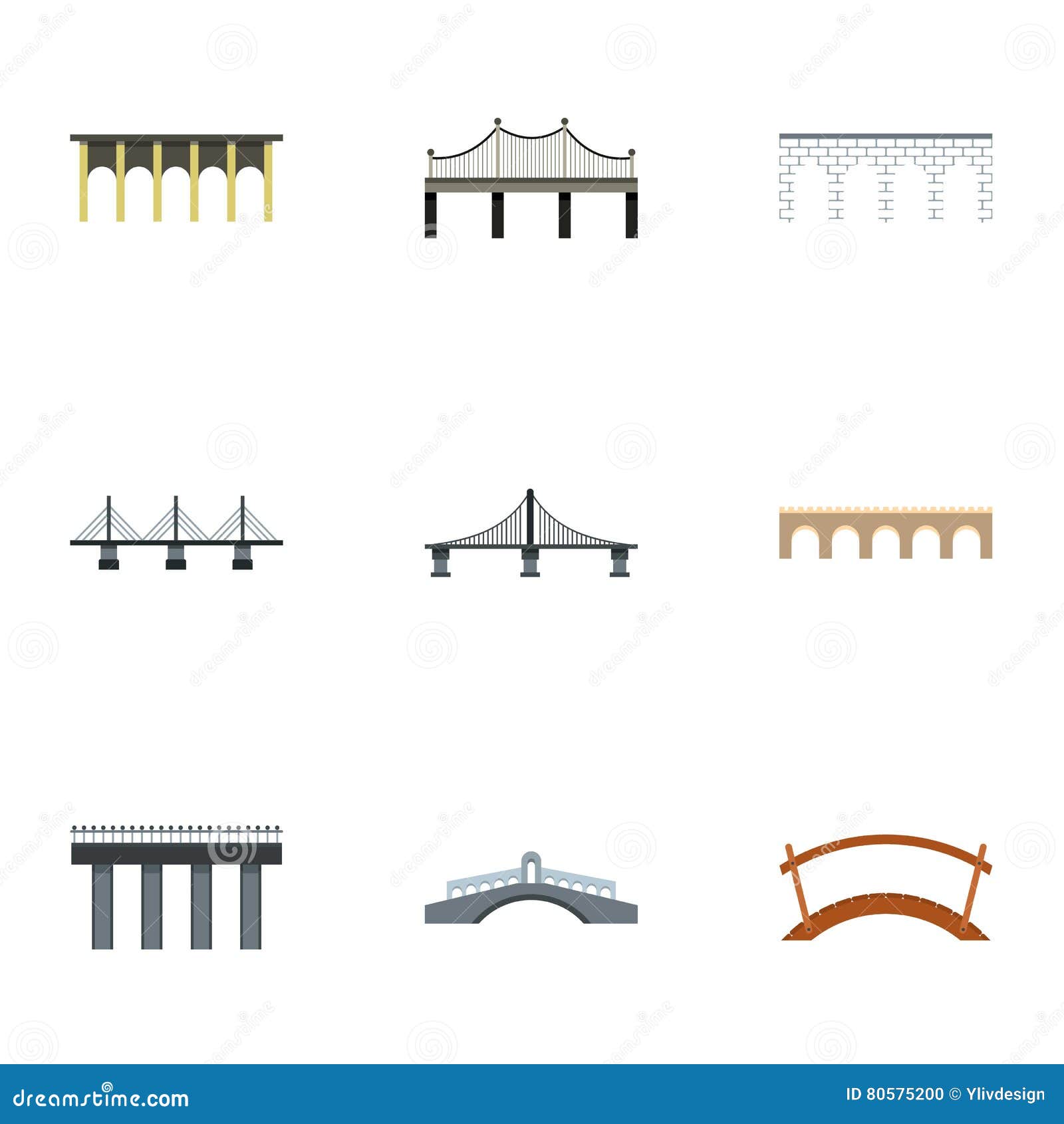 Bridge Icons Set, Flat Style Stock Vector - Illustration of baluster ...