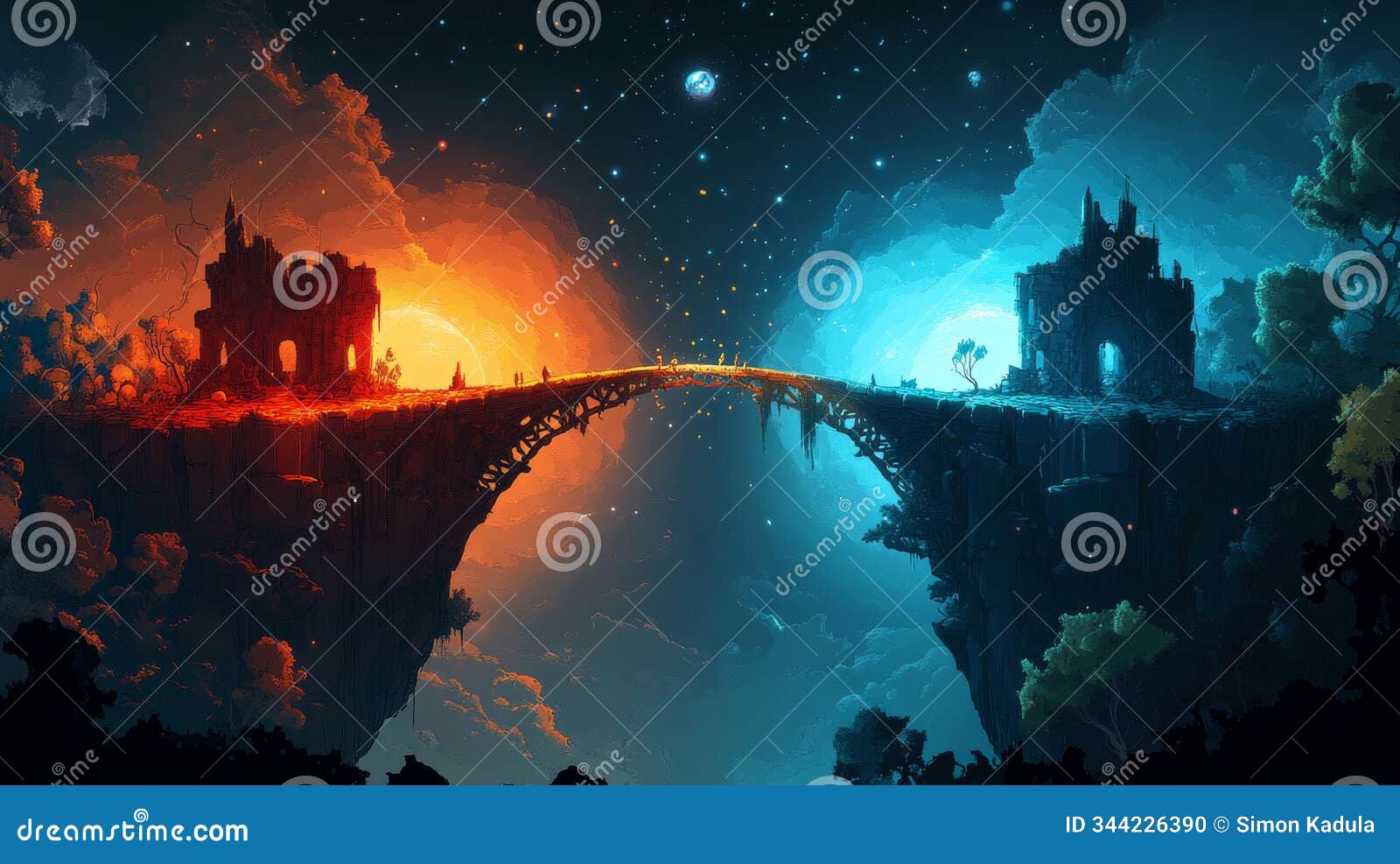 Bridge Joining Two Different Worlds with Ruins Under the Moonlight and ...