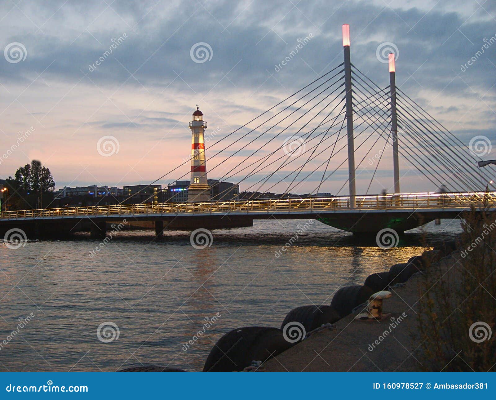Bridge and Lighthouse in Malmo Seen at Night. Malmo, Sweden Stock Image ...