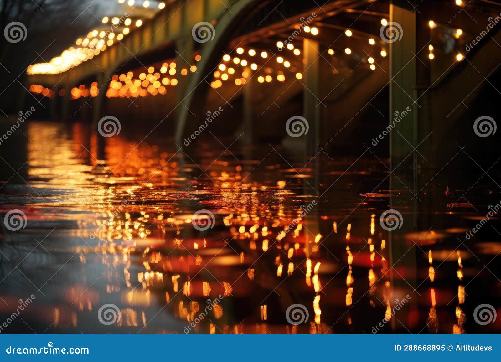 Bridge Lights Reflected on Water with Bokeh Effect Stock Image - Image ...