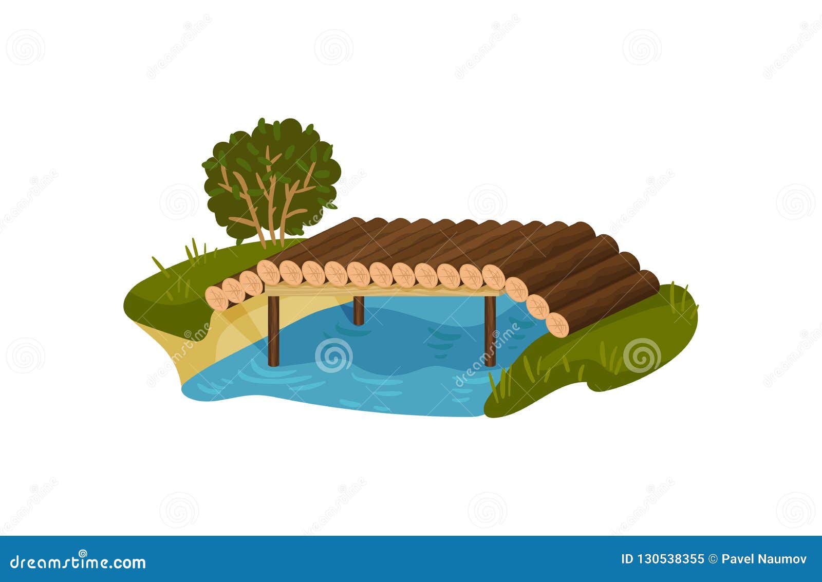 Bridge Made of Tree Logs. Small Timber Footbridge, Blue River, Green ...