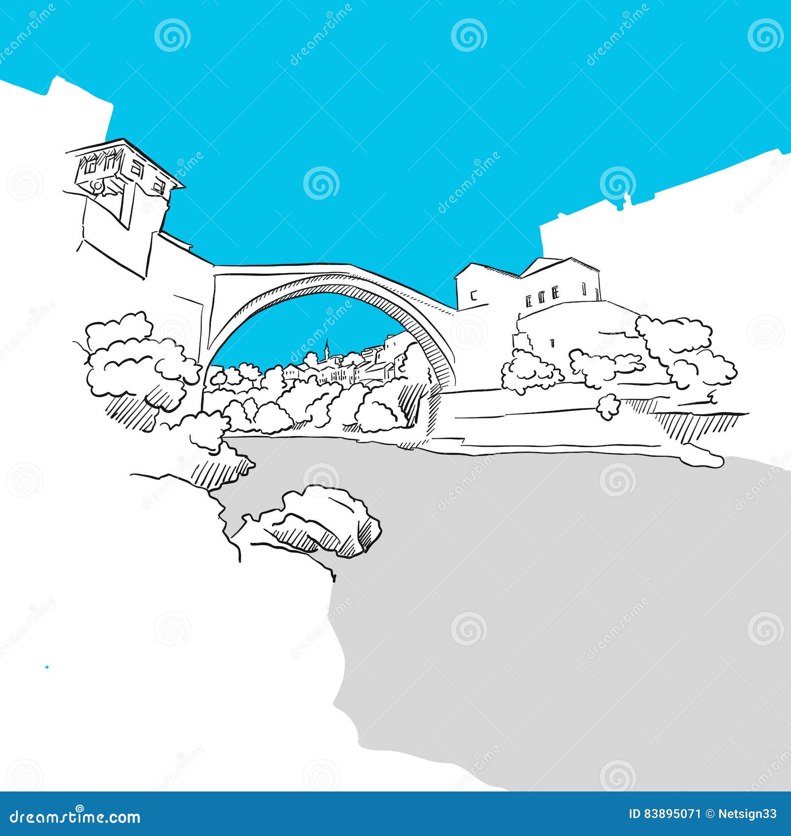 Mostar Bridge Bosnia Herzegovina Greeting Card Sketch Vector ...