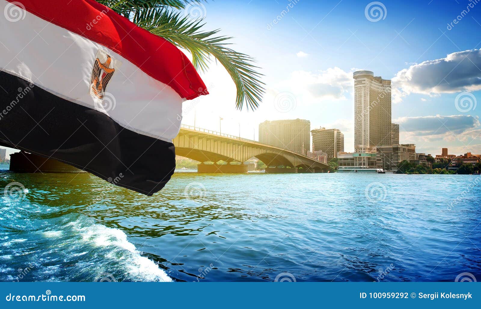 Flag and Cairo bridge stock photo. Image of morning - 100959292