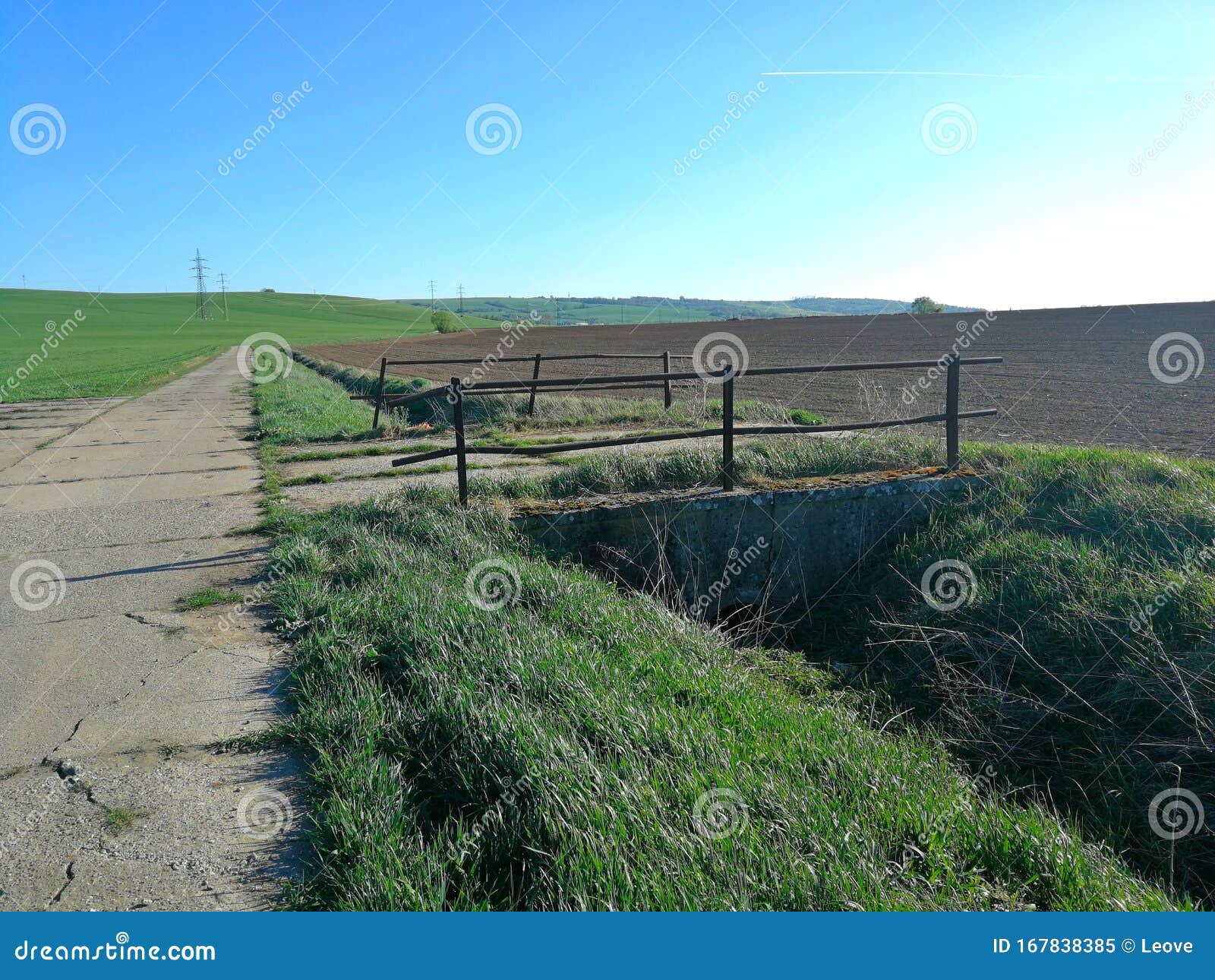 Bridge Old with Iron Railing, Across a Ditch between a Panel Road and ...