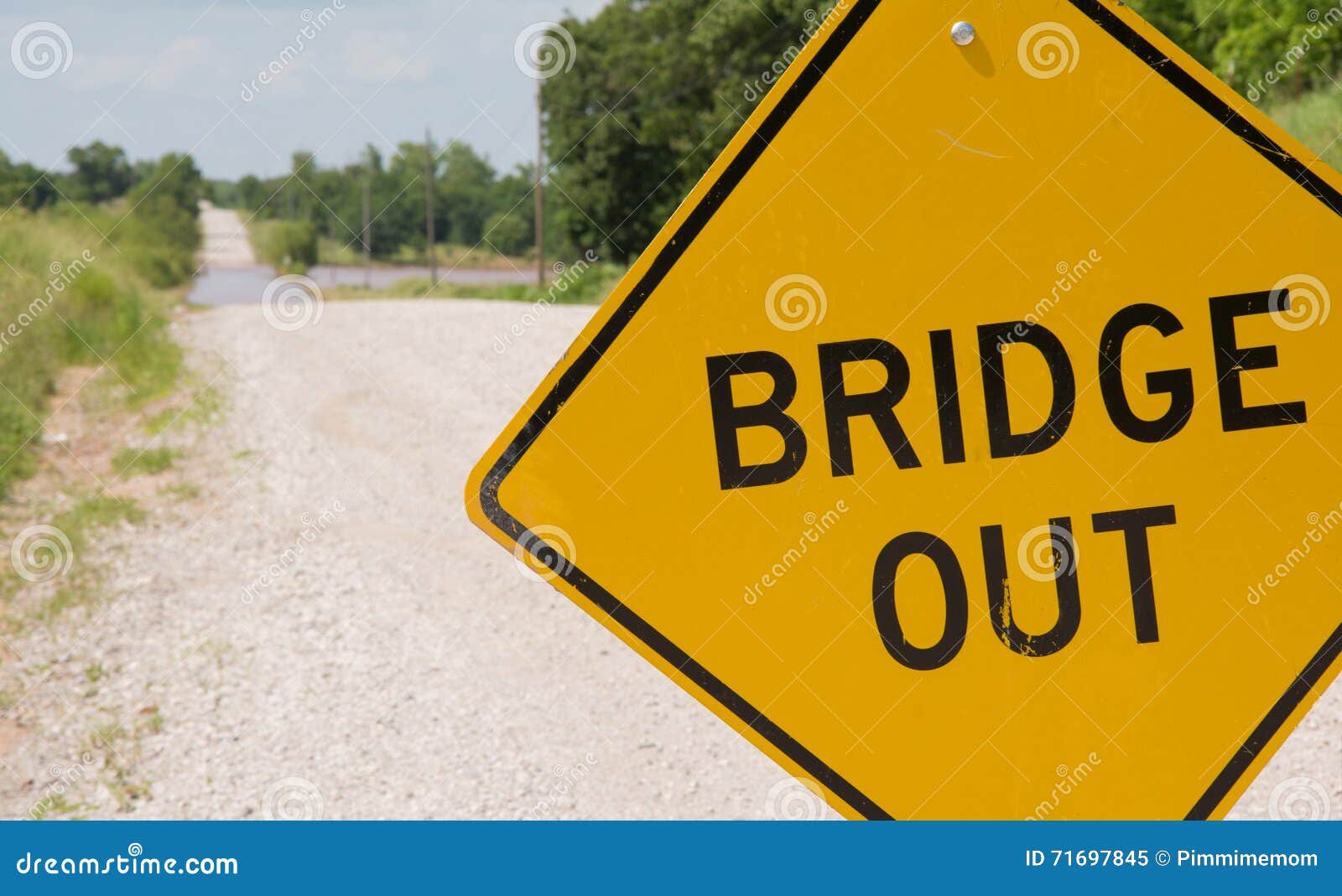 Bridge Out -sign Ahead of a Flooding Covered Road Stock Image - Image ...
