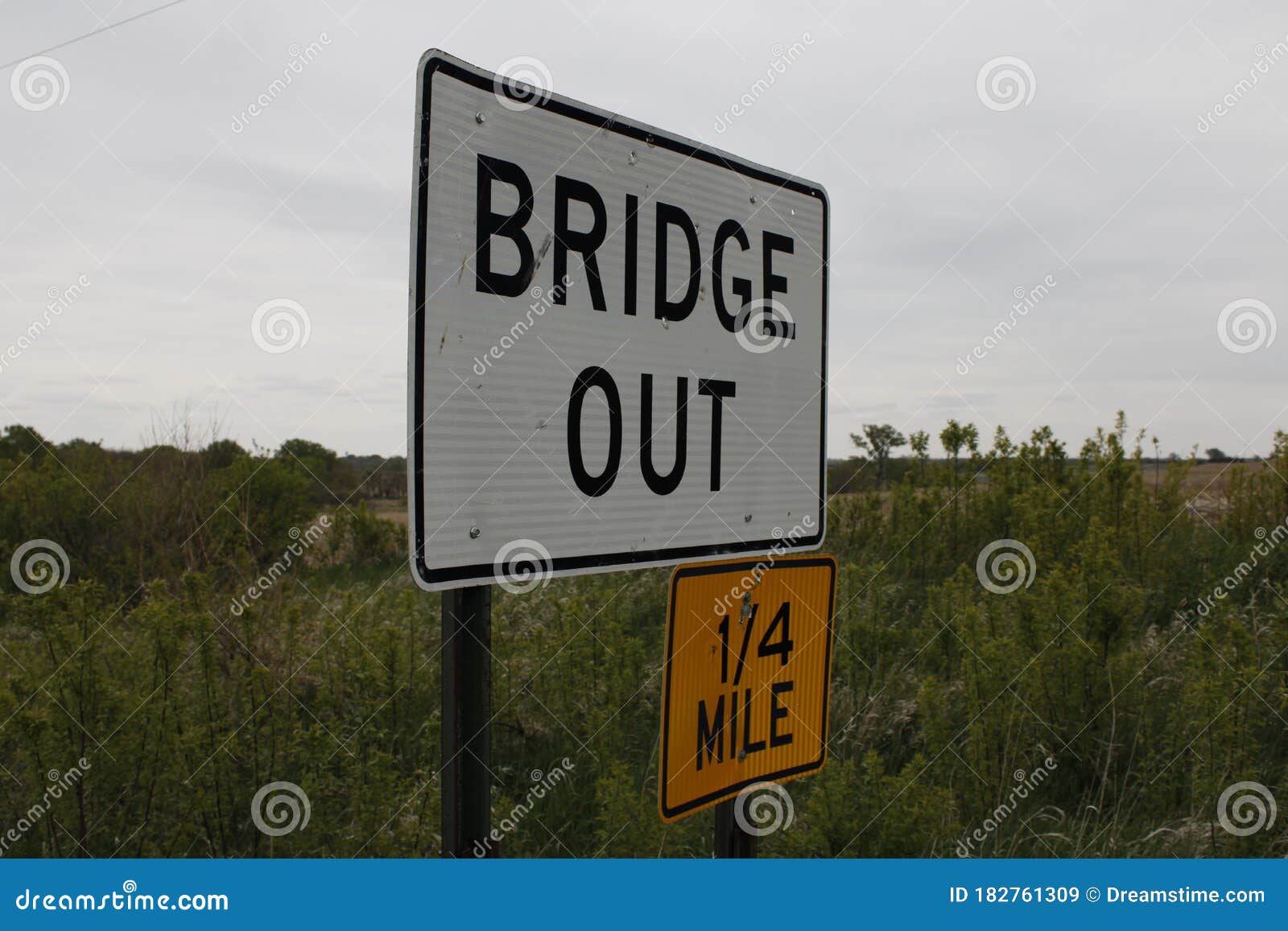 Bridge Out Sign in Shrubbery Stock Image - Image of highway ...