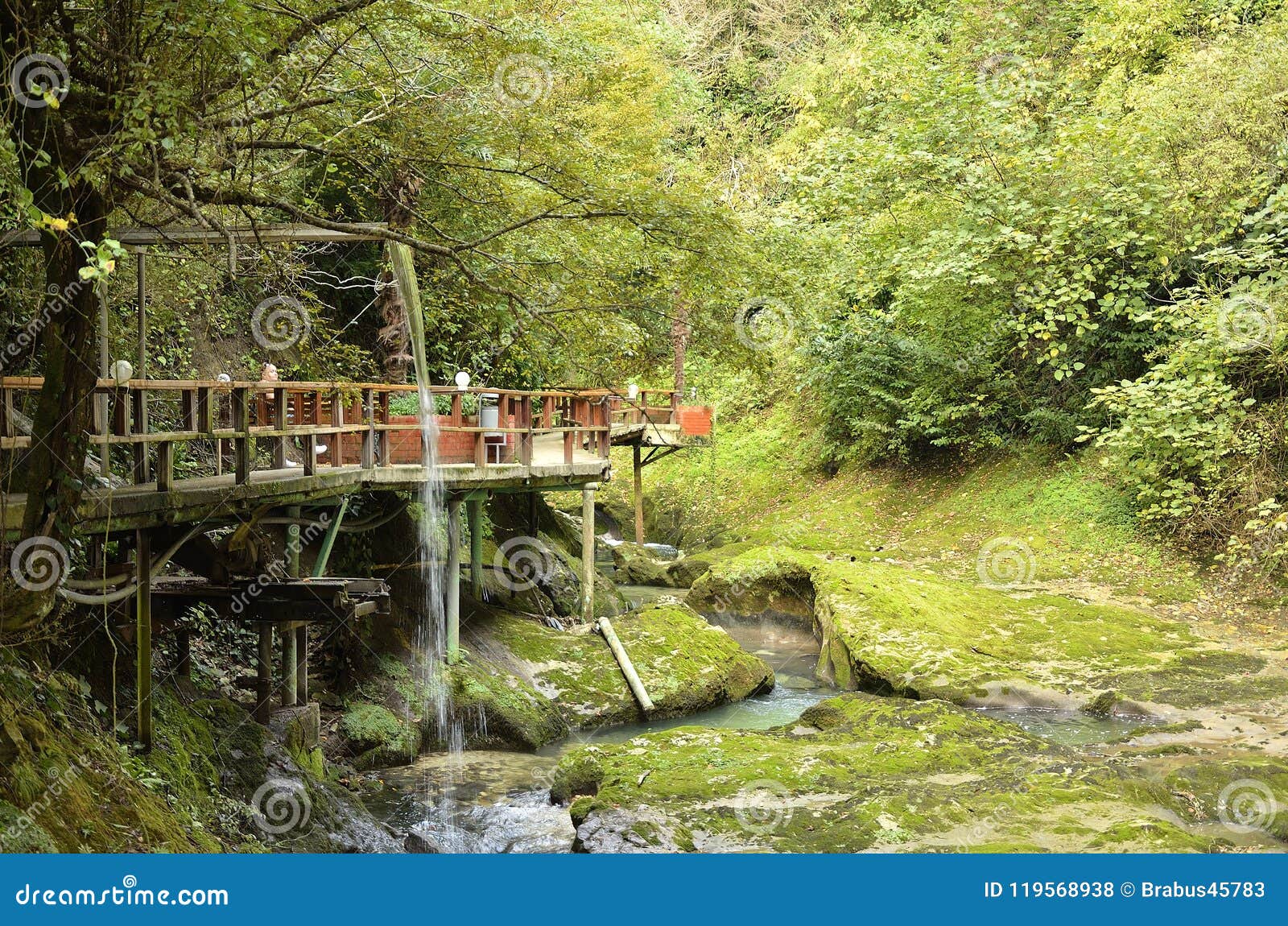 Bridge Over a Mountain River with an Artificial Waterfall Editorial ...