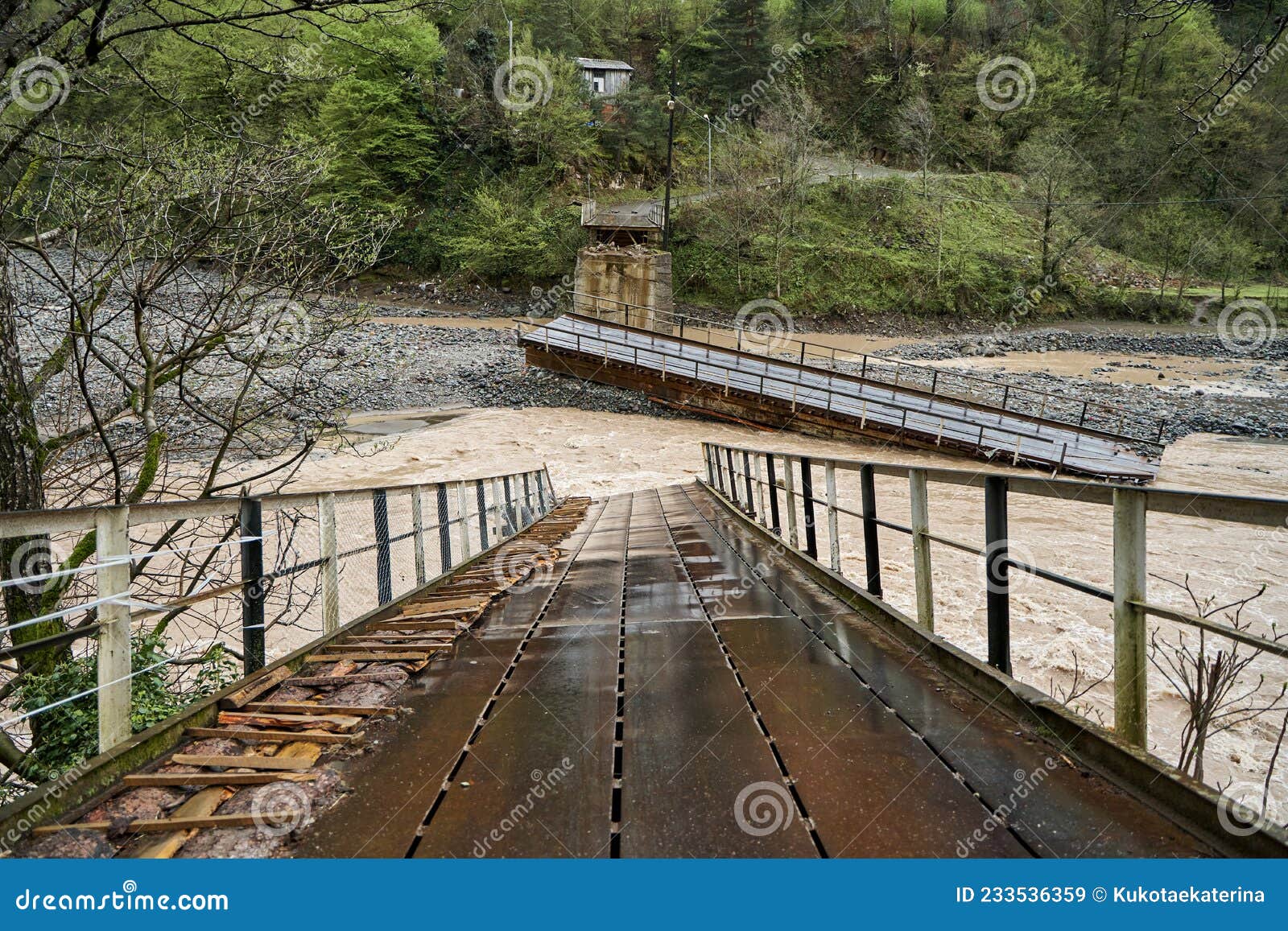 A Bridge Over a Mountain River Destroyed by Water Stock Image - Image ...