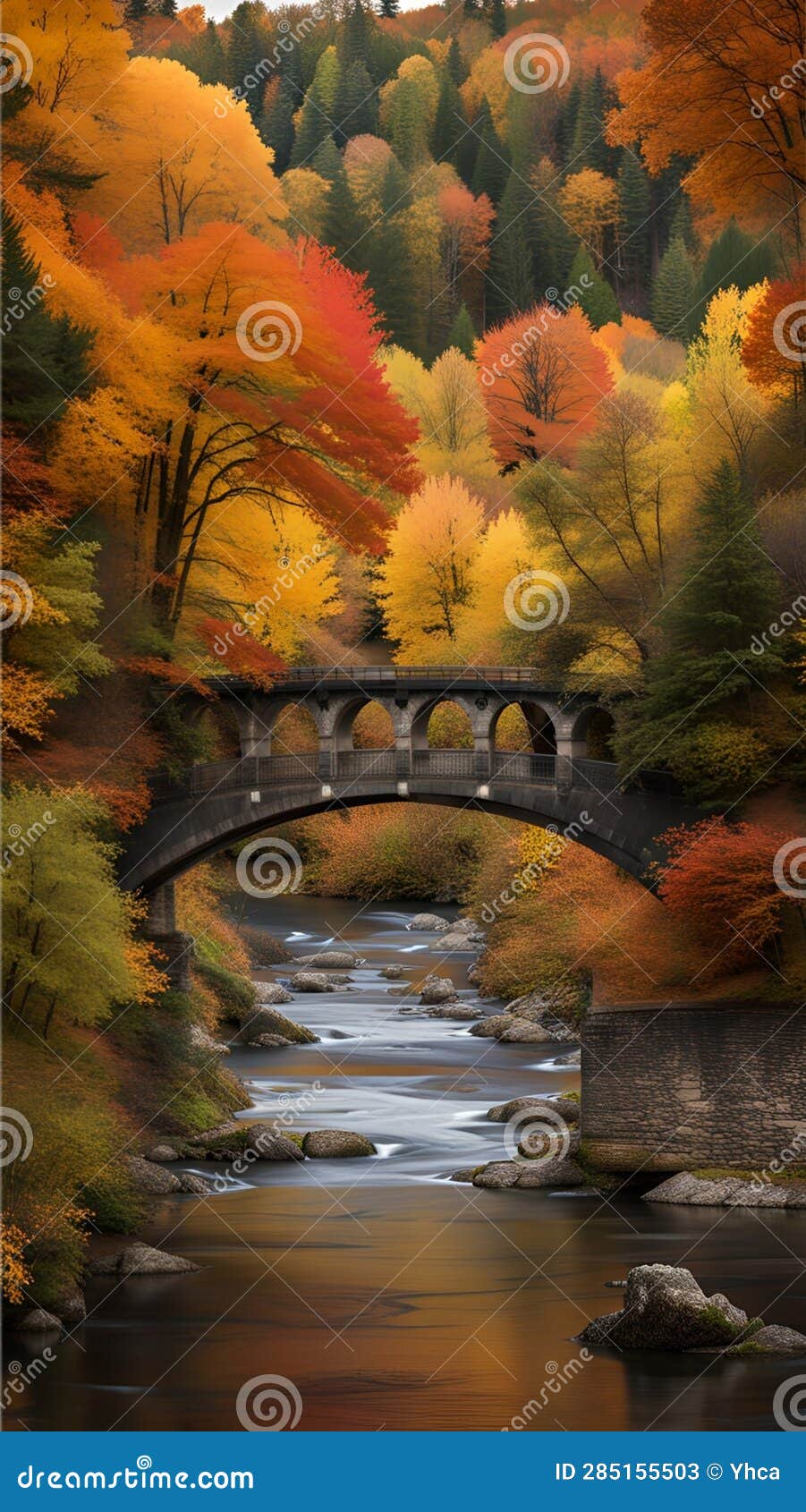A Bridge Over a River with Autumn Leaves on the Trees Illustration ...