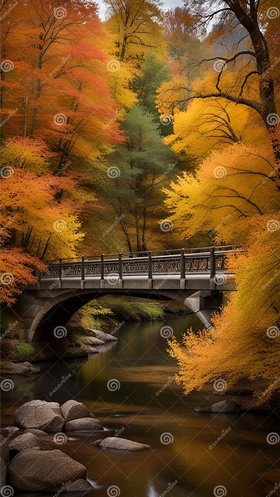 A Bridge Over a River with Autumn Leaves on the Trees Illustration ...