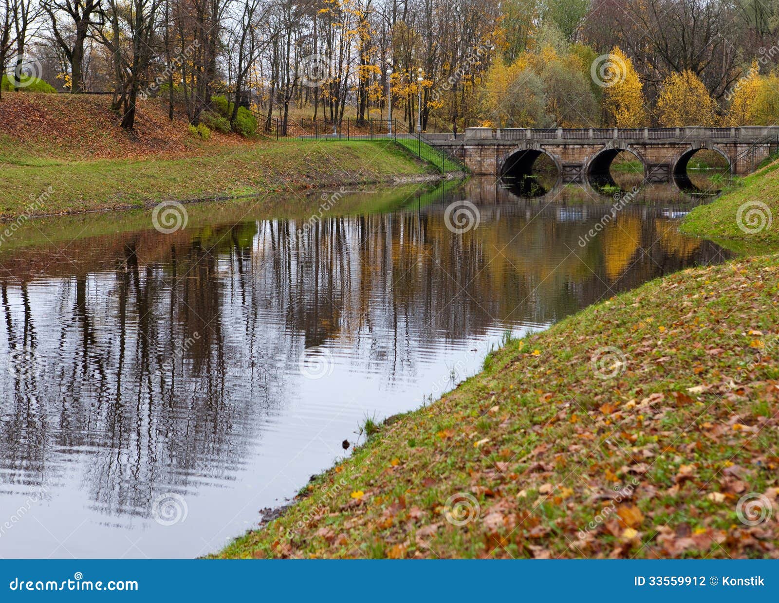 Bridge Over a River in Autumn Park Stock Photo - Image of golden ...