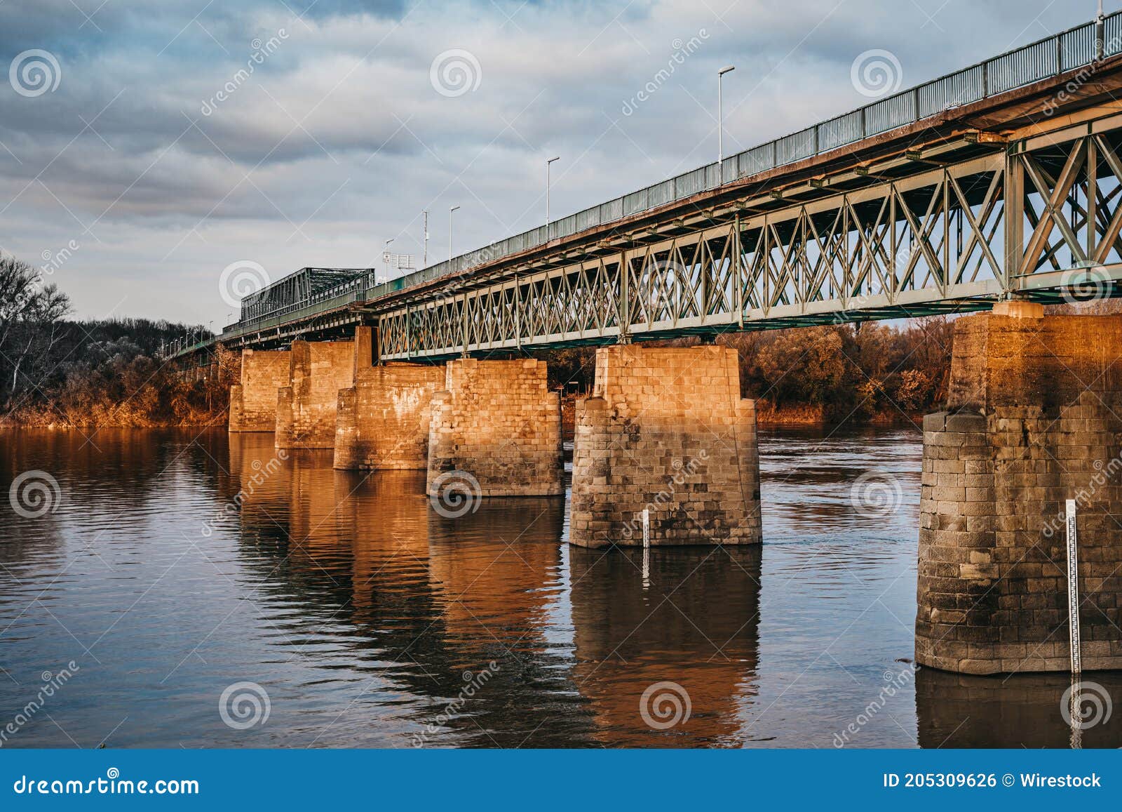 Bridge Over the River with Brick Columns Stock Photo - Image of flow ...