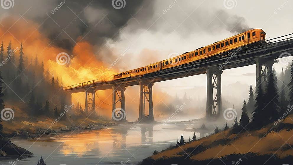 Bridge Over the River a Burning Train on Fire, Exploding, that Crosses ...