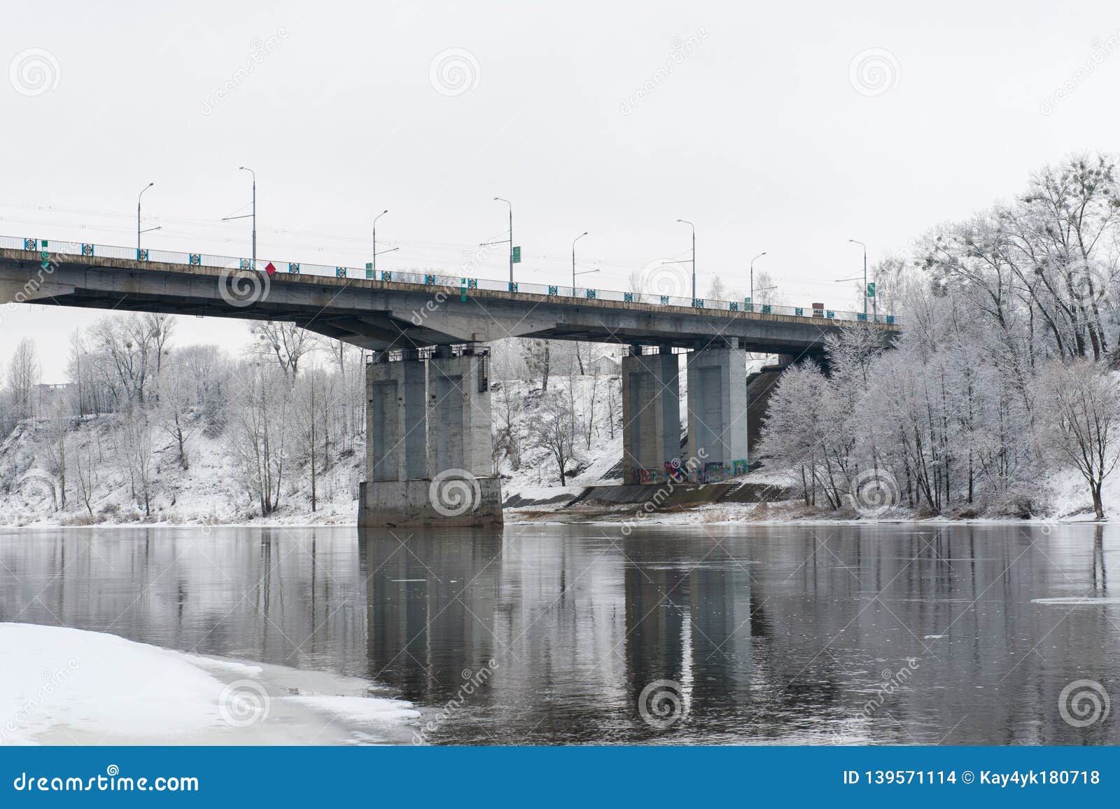 The Bridge Over the River and the Forests is Frozen Stock Photo - Image ...