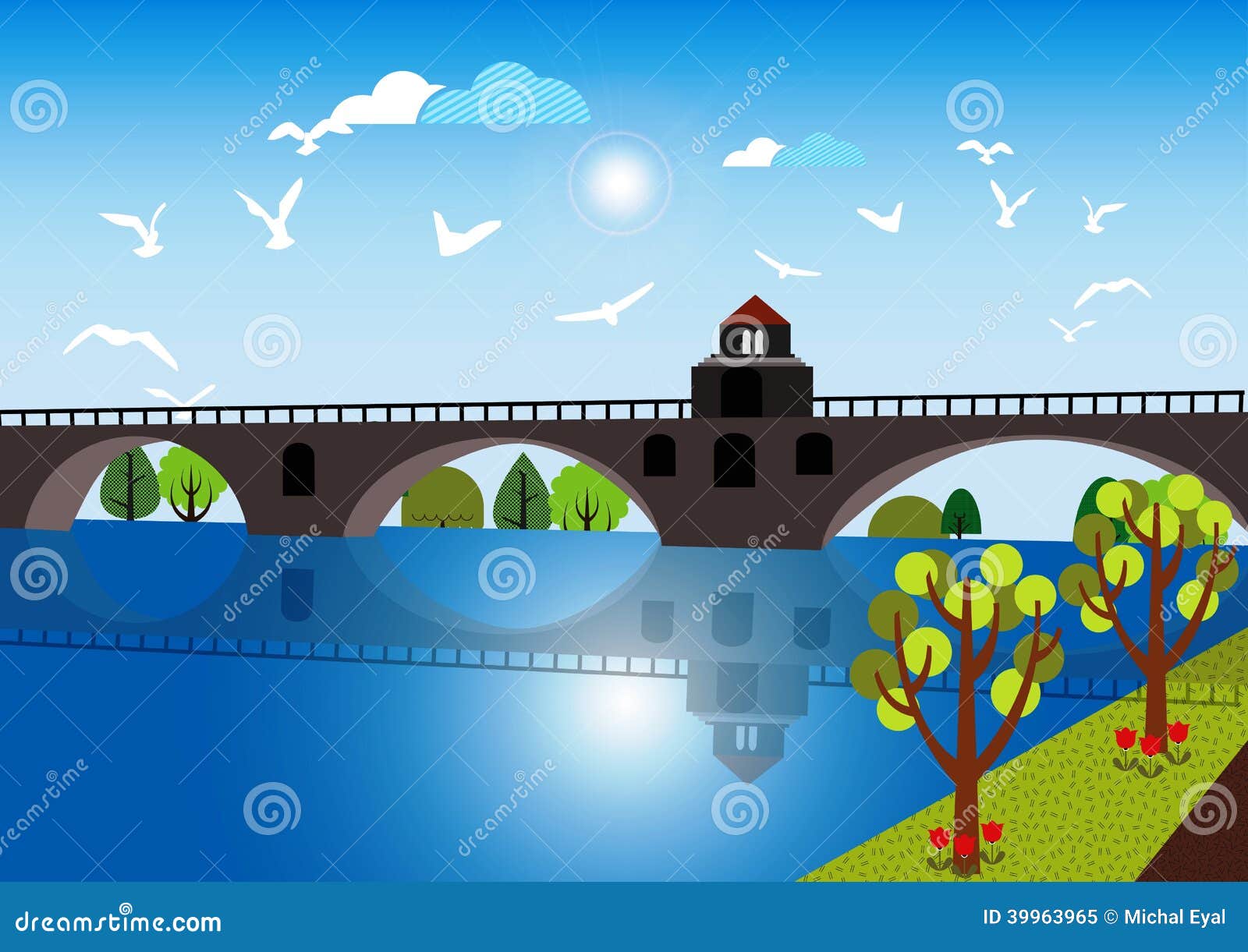 Bridge over the river stock illustration. Illustration of water - 39963965