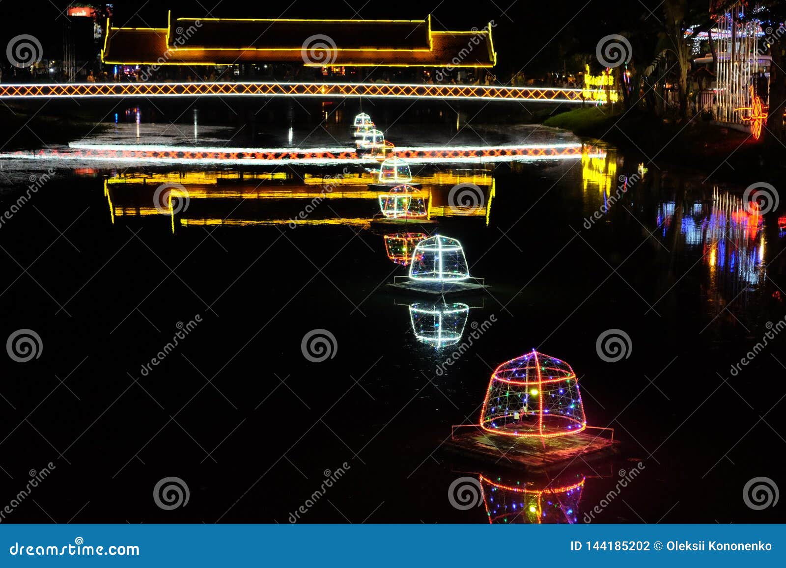 Bridge Over the River Lit by Night Lights, Illumination Stock Photo ...
