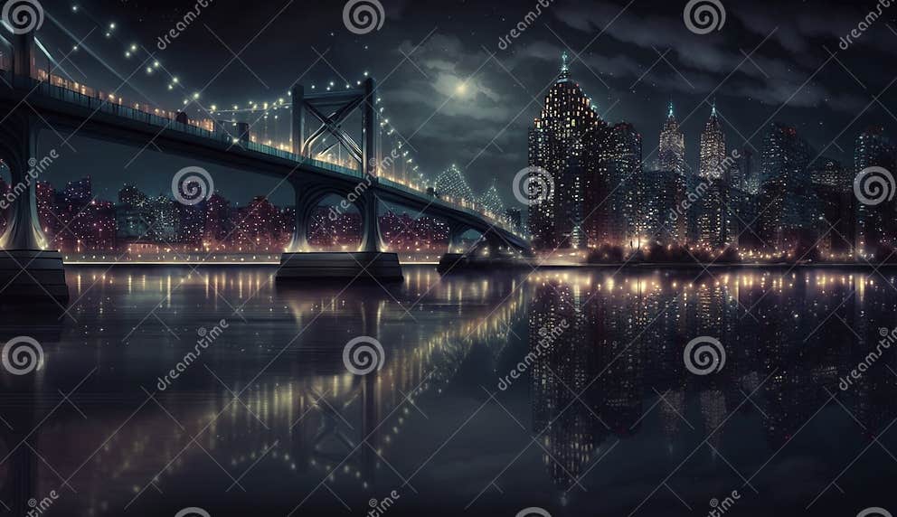 Night View of the Bridge and River Night View of the City Bridge Over ...