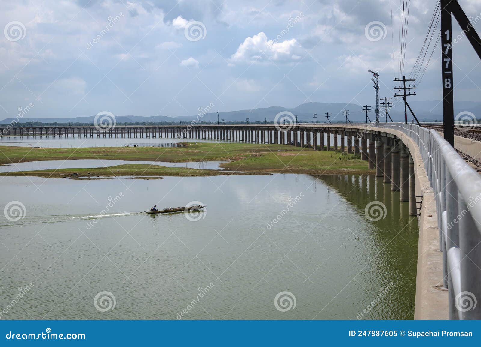Bridge Over the River,railroad Tracks and Boat Sailing on Water Stock ...