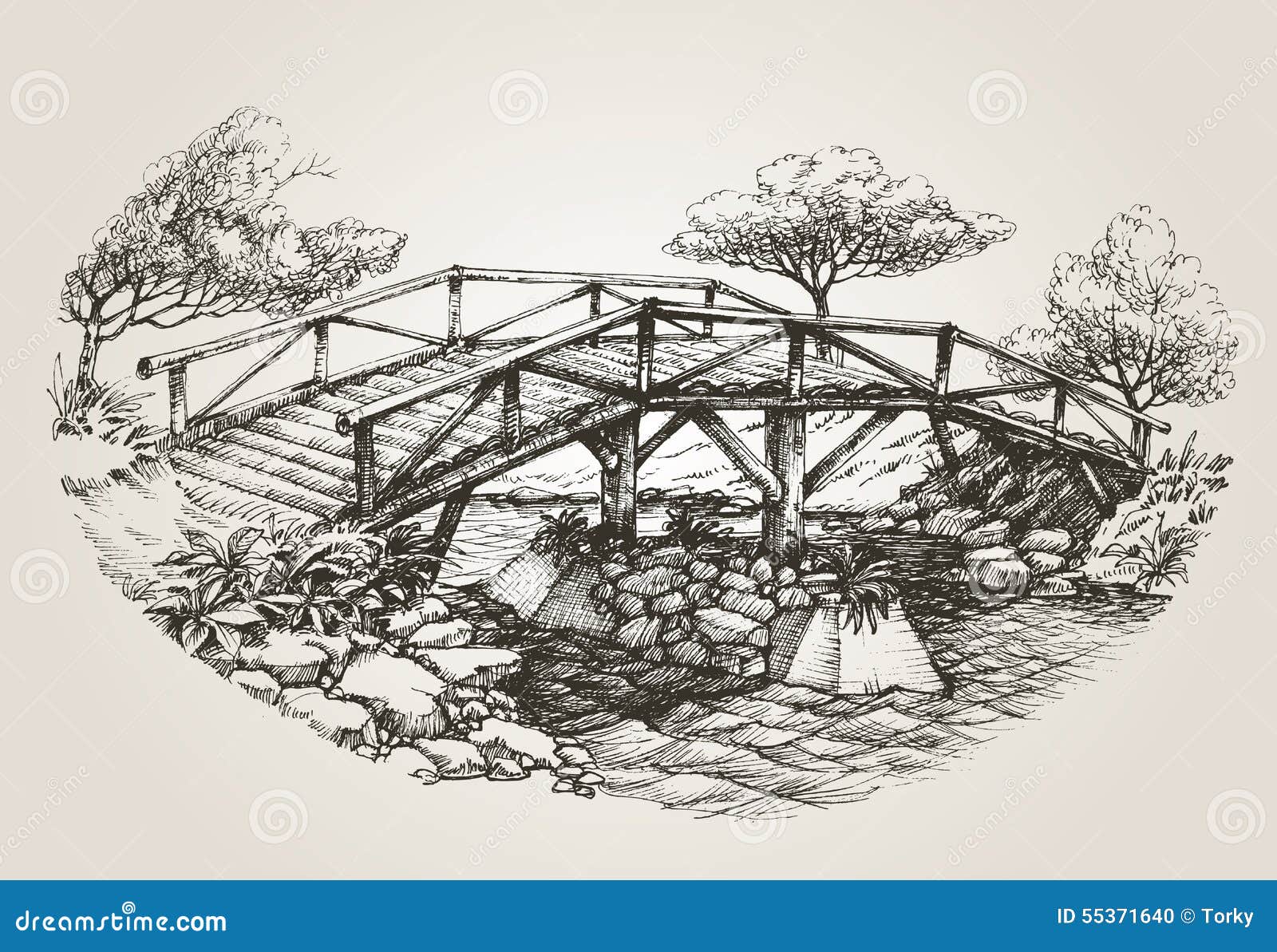Bridge over river sketch stock vector. Illustration of nature - 55371640