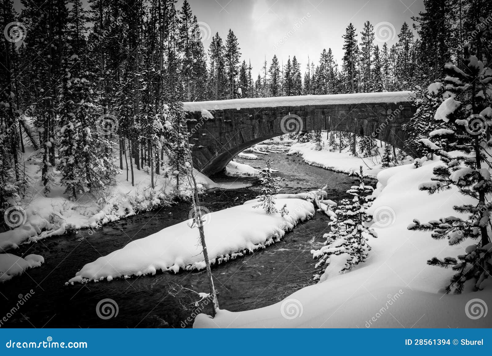 Bridge Over River in Winter, Yellowstone Stock Photo - Image of ...