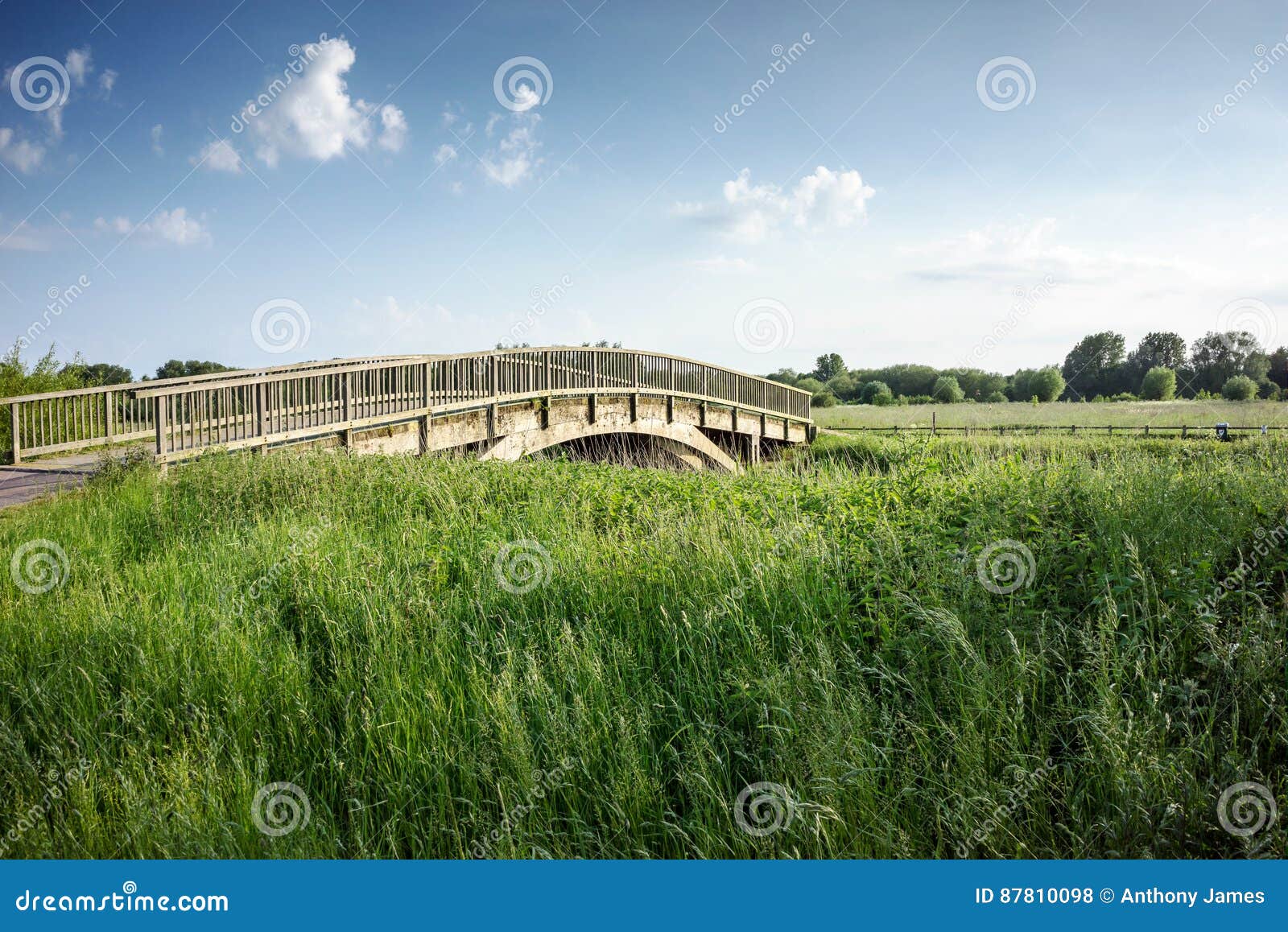 A Bridge Over a Stream in the Countryside, Blue Sky White Clouds Stock ...