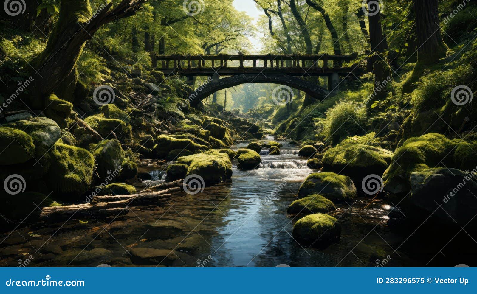 A Bridge Over a Stream in a Forest. Generative AI. Stock Illustration ...