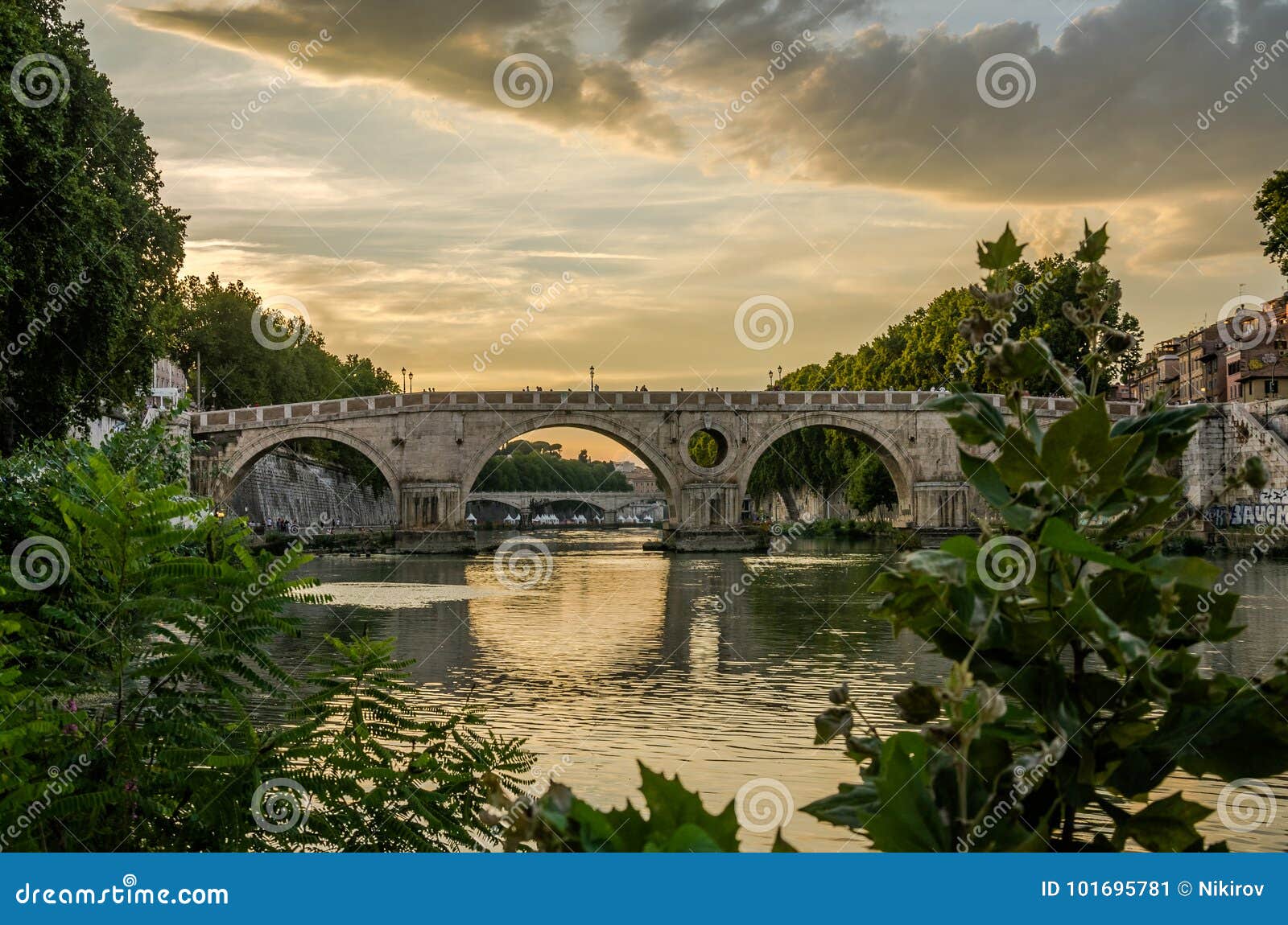 Bridge Over the Tiber River at Sunset on a Summer Evening in Rome ...