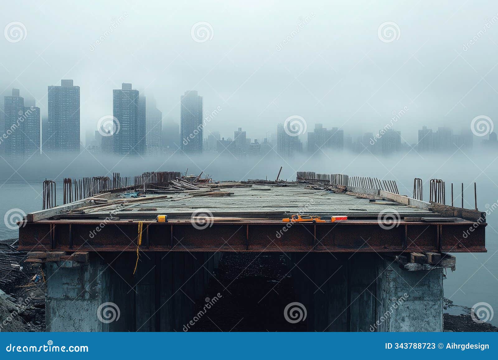 Half-finished Bridge Construction Over Water with Tools at a Foggy ...