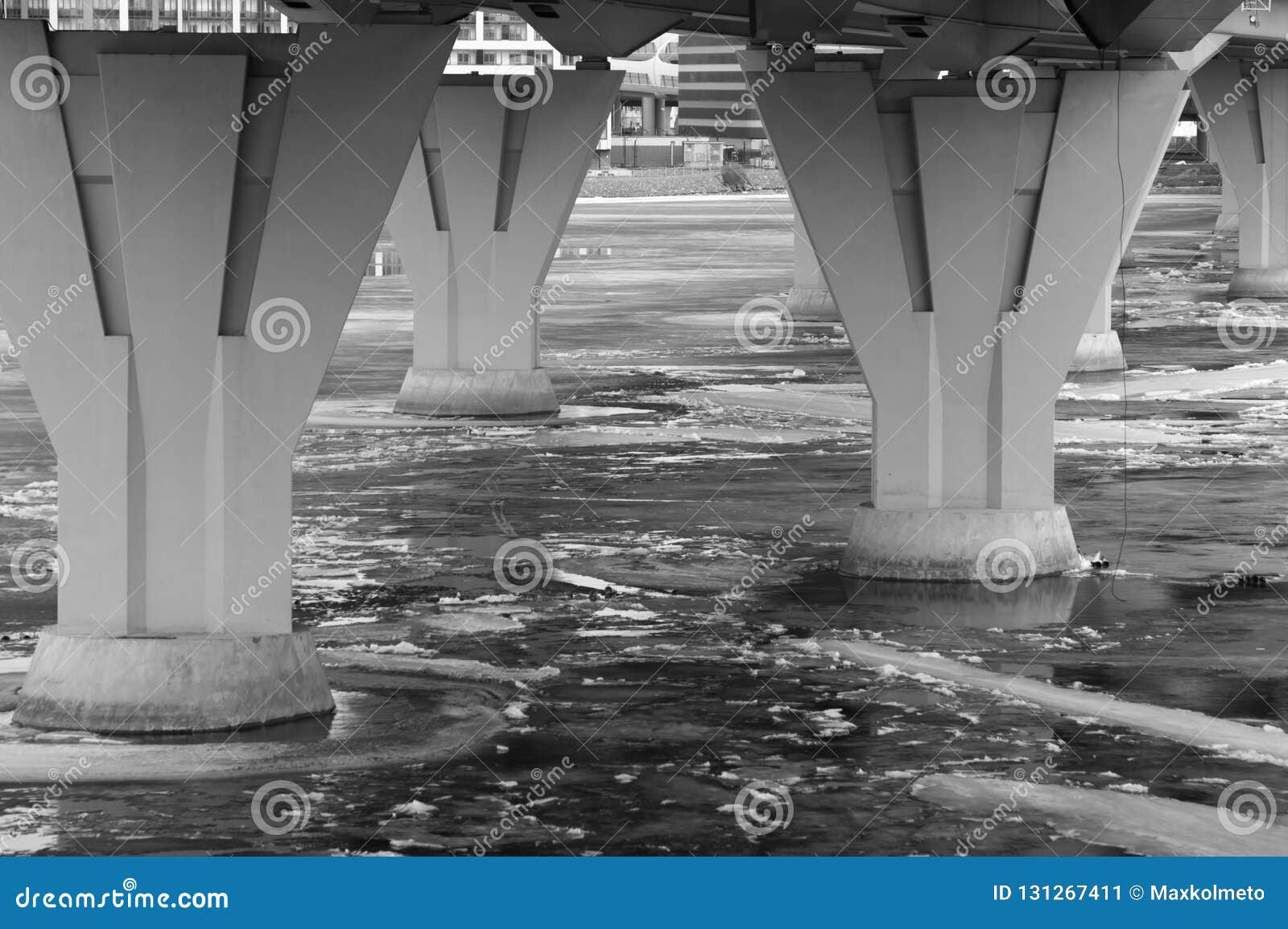 Bridge Pillars in the Cold Water Abstract Black and White Background ...