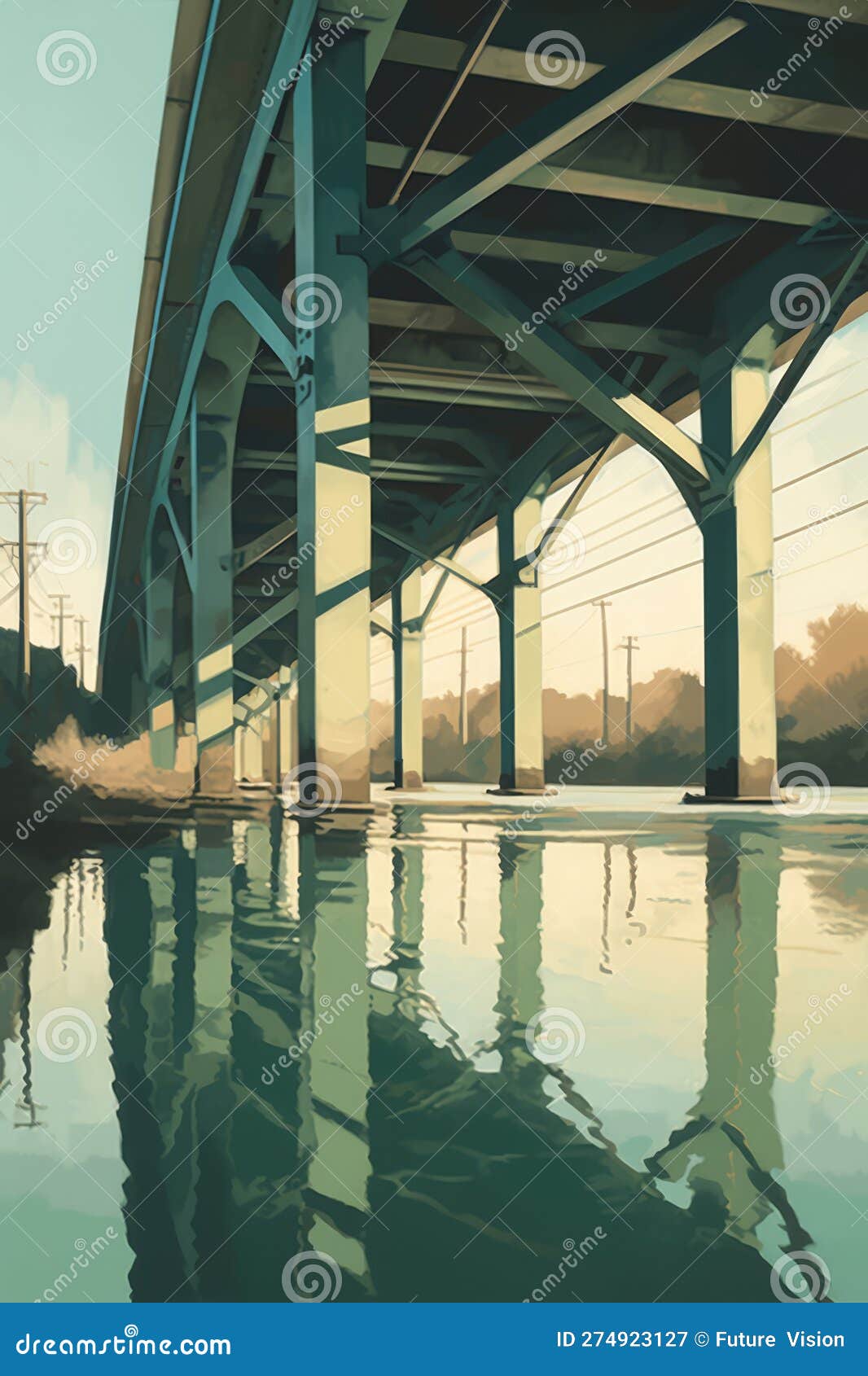 Bridge Reflecting in River and Pylons, Created Using Generative Ai ...