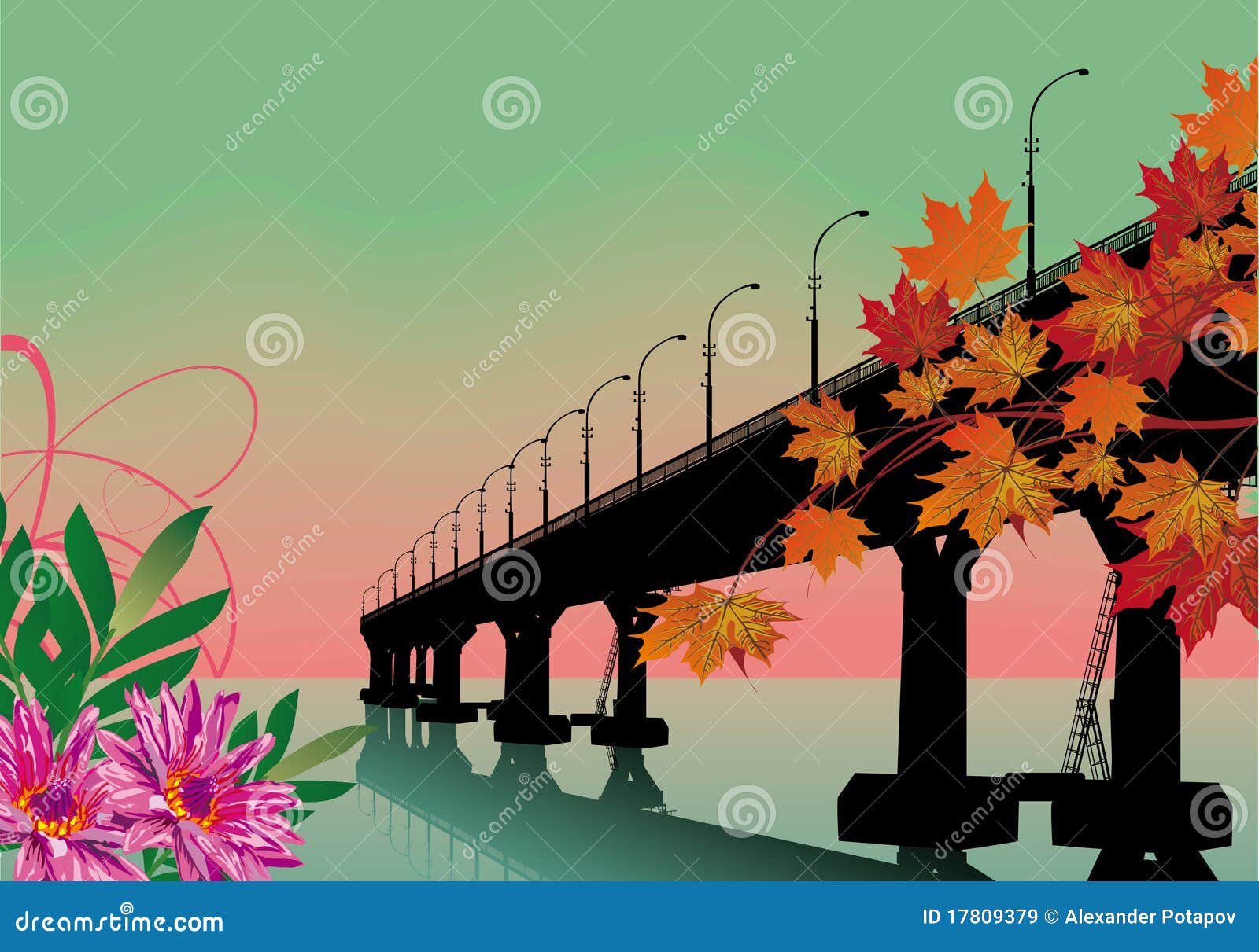 Bridge with Reflection and Fall Leaves Stock Vector - Illustration of ...