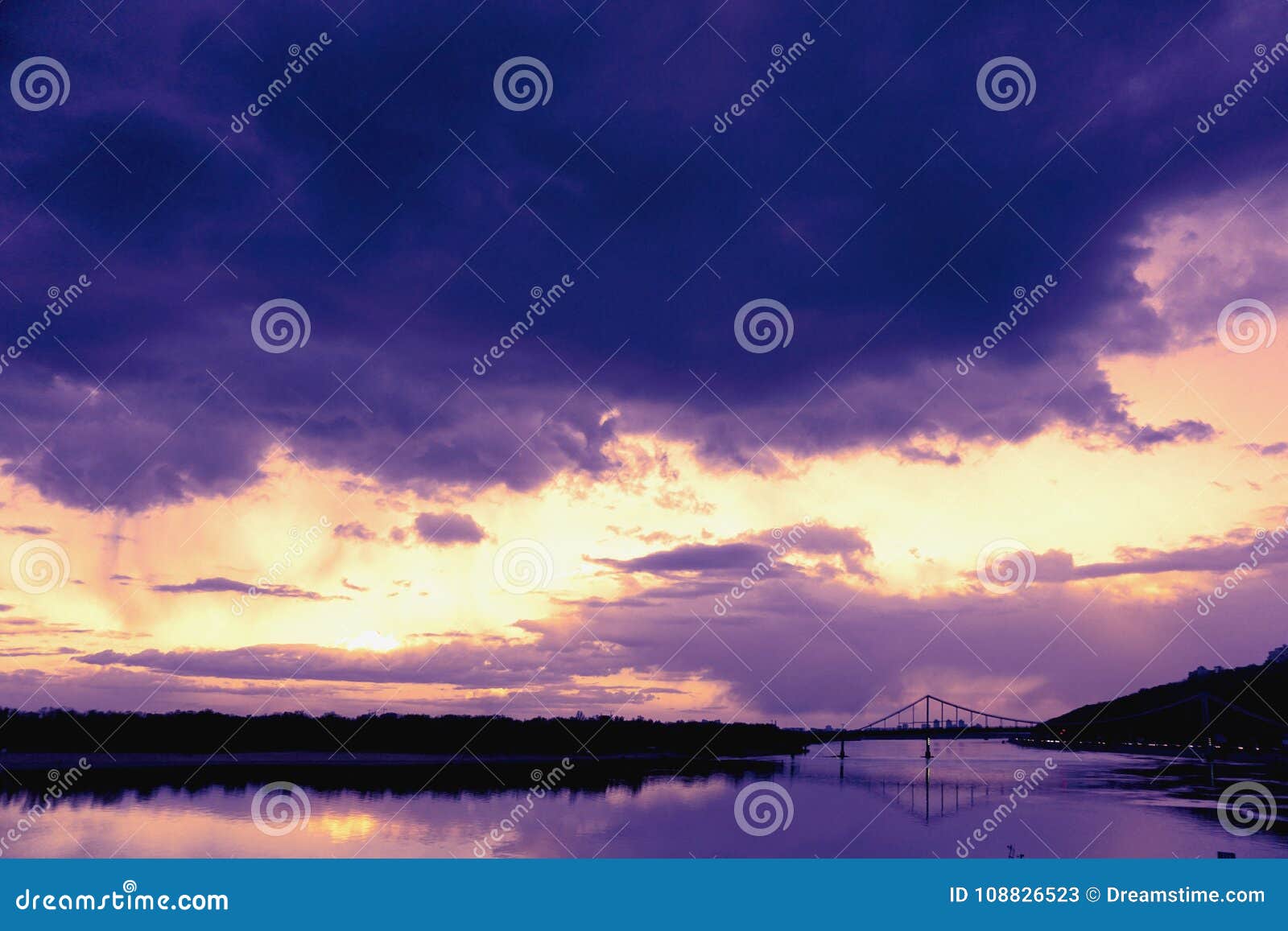 Bridge Reflection in Water Surface of River Dnieper Duaring Sunset Time ...