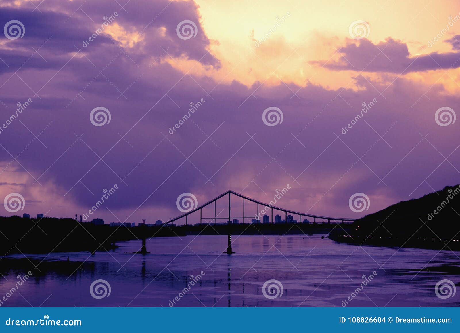 Bridge Reflection in Water Surface of River Dnieper Duaring Sunset Time ...